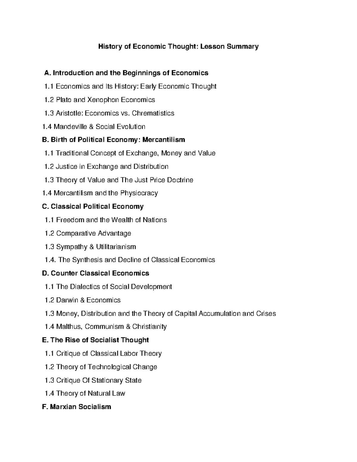 History of Economic Thought -Summary - History of Economic Thought ...