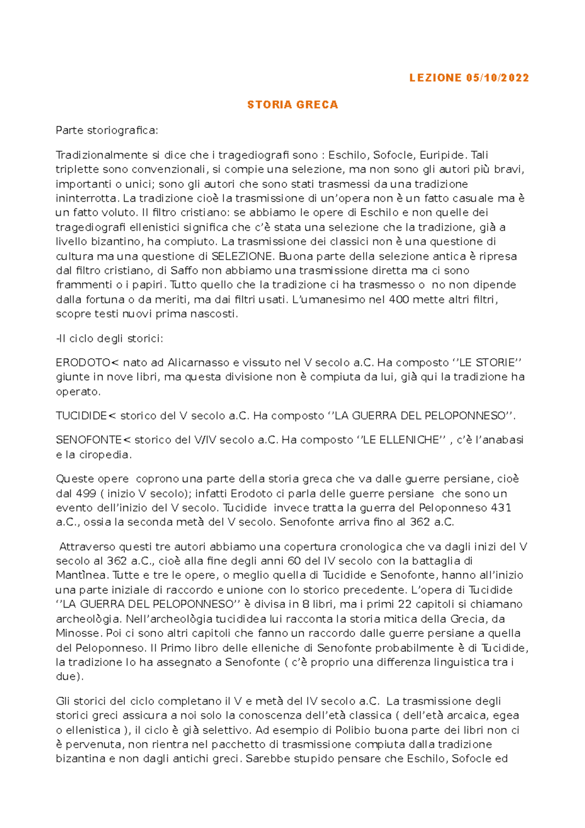 Storia greca 2 - Appunti di lezione con Federico - LEZIONE 05/10 ...