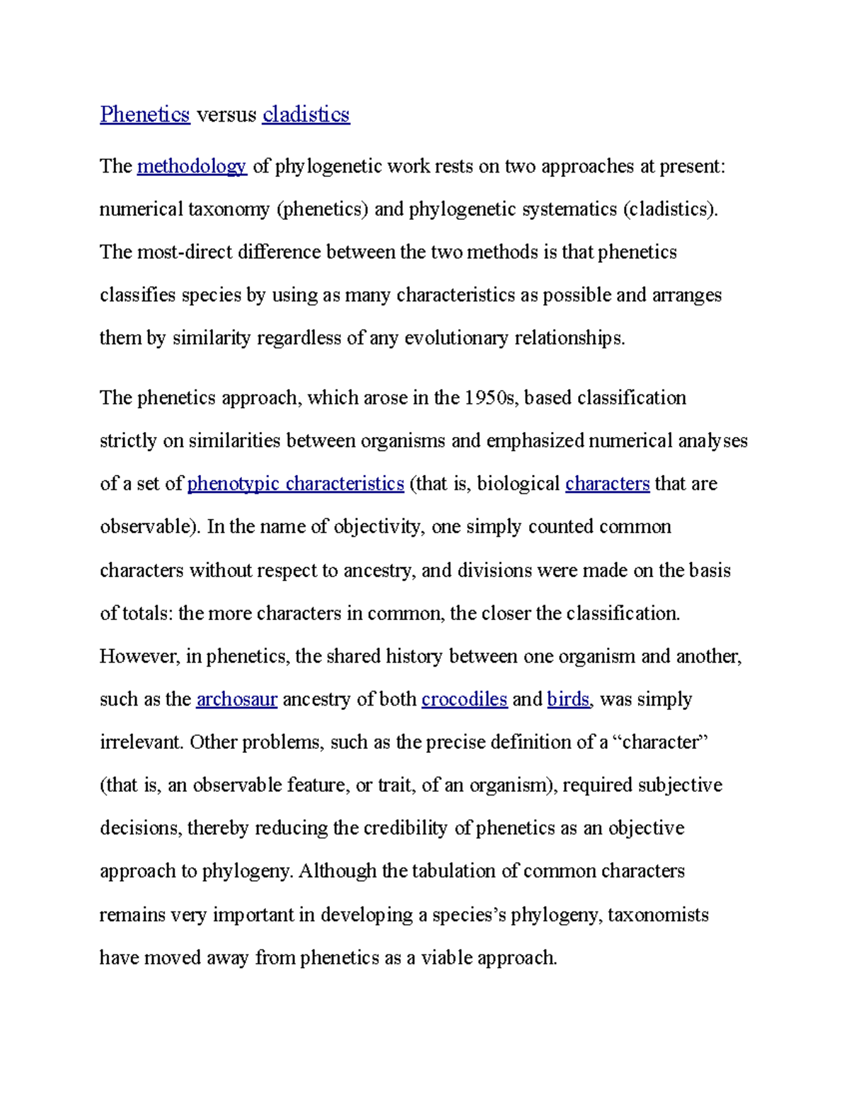Phenetics versus cladistics - The most-direct difference between the ...