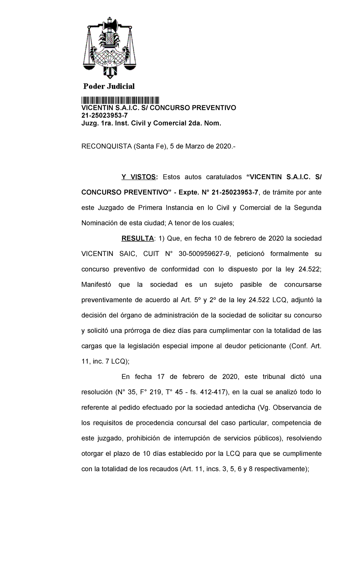 Sentencia de apertura del concurso preventivo de Vicentin SAIC-b0b2dbfb ...