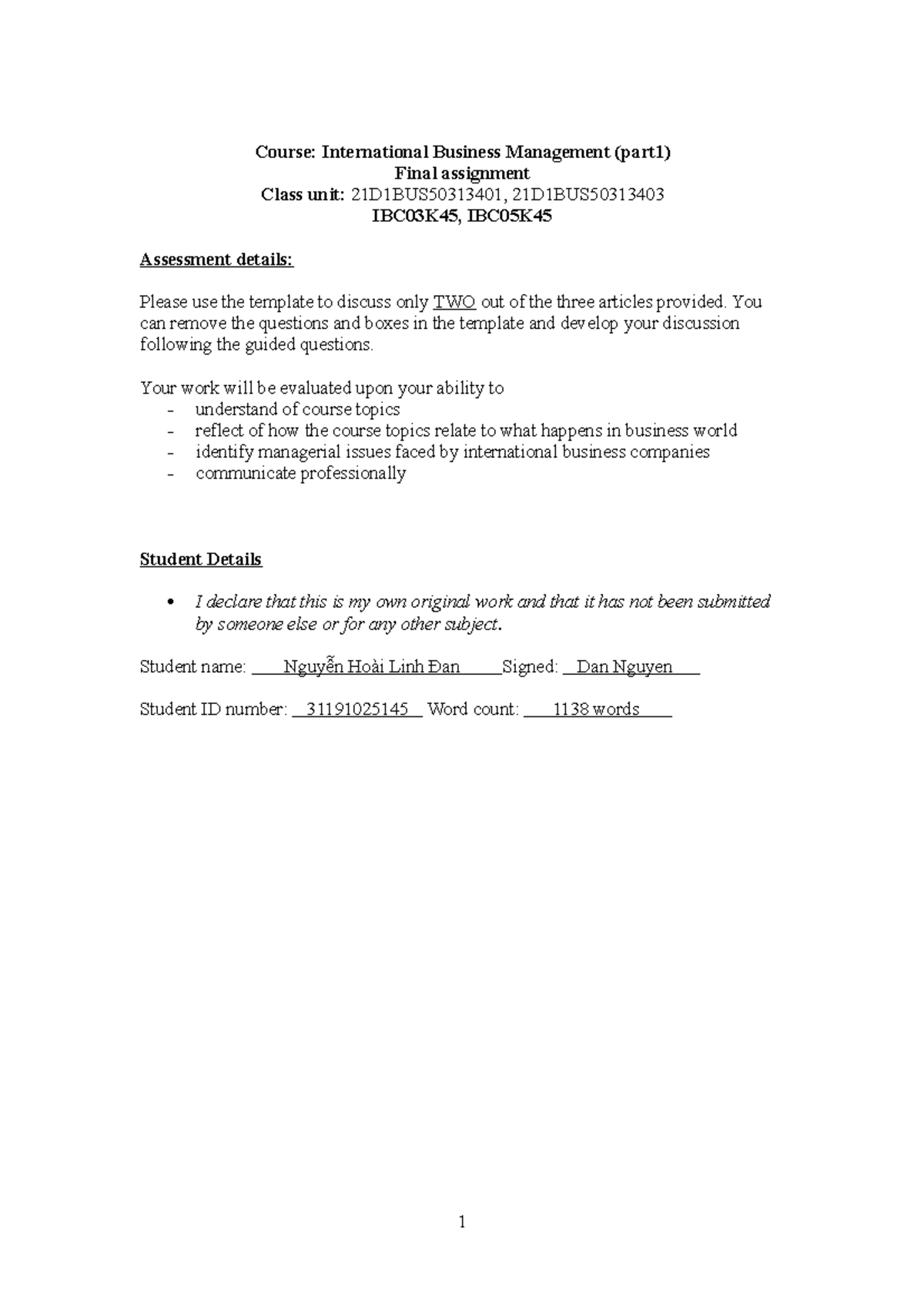 International business final exam IBC03 - Course: International ...