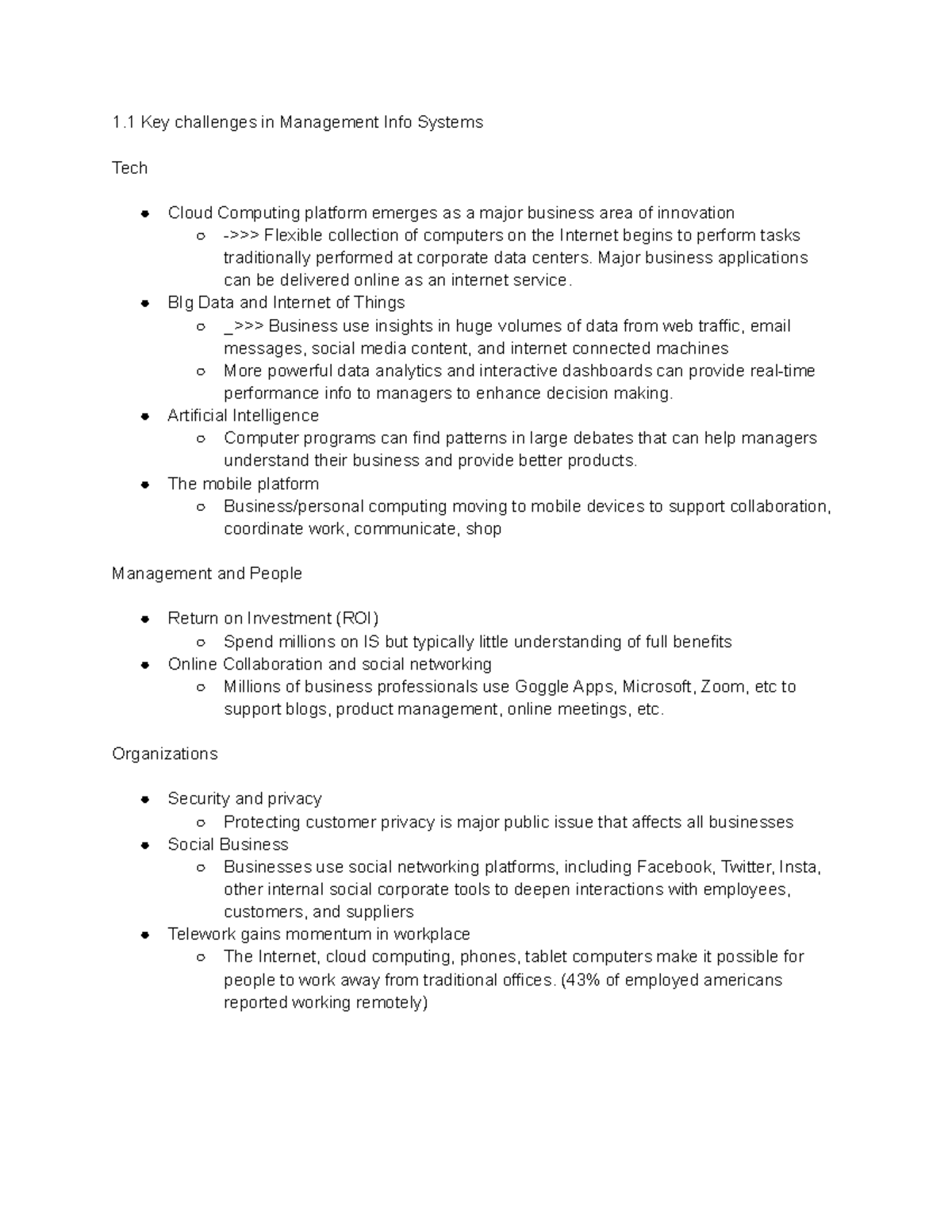 IS Ch 1 Notes - 1 Key challenges in Management Info Systems Tech Cloud ...
