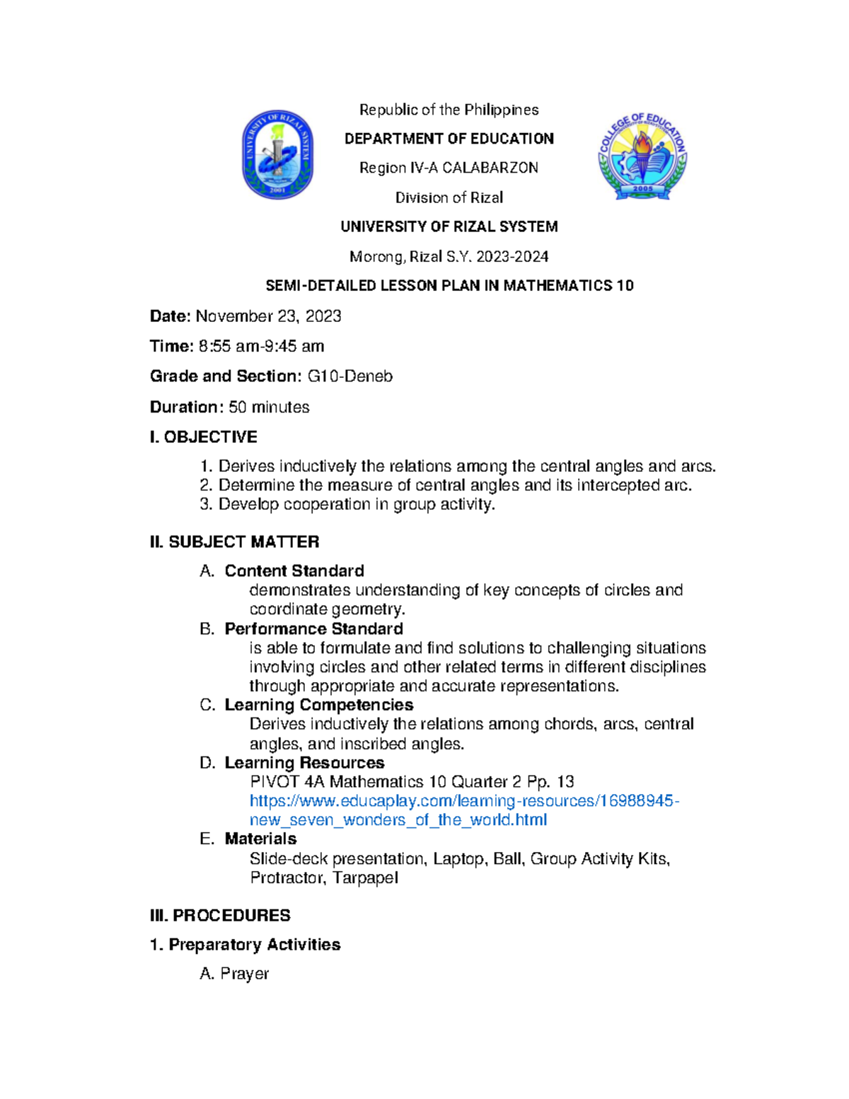 Central angles and arcs 2 - Republic of the Philippines DEPARTMENT OF ...