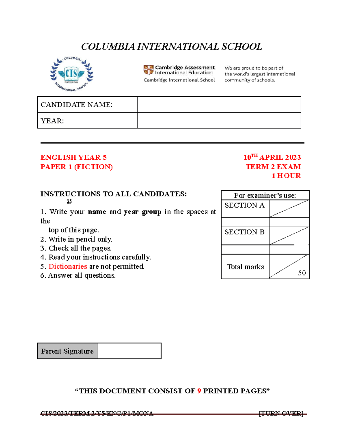 Y5 P1 Fiction Q T2 - english is fun - COLUMBIA INTERNATIONAL SCHOOL CANDIDATE NAME: YEAR ...