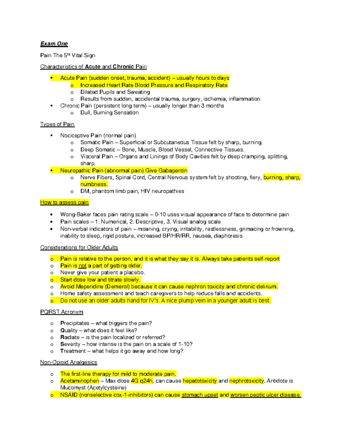 Exam 1 Notes - Exam One Pain The 5th Vital Sign Characteristics of ...