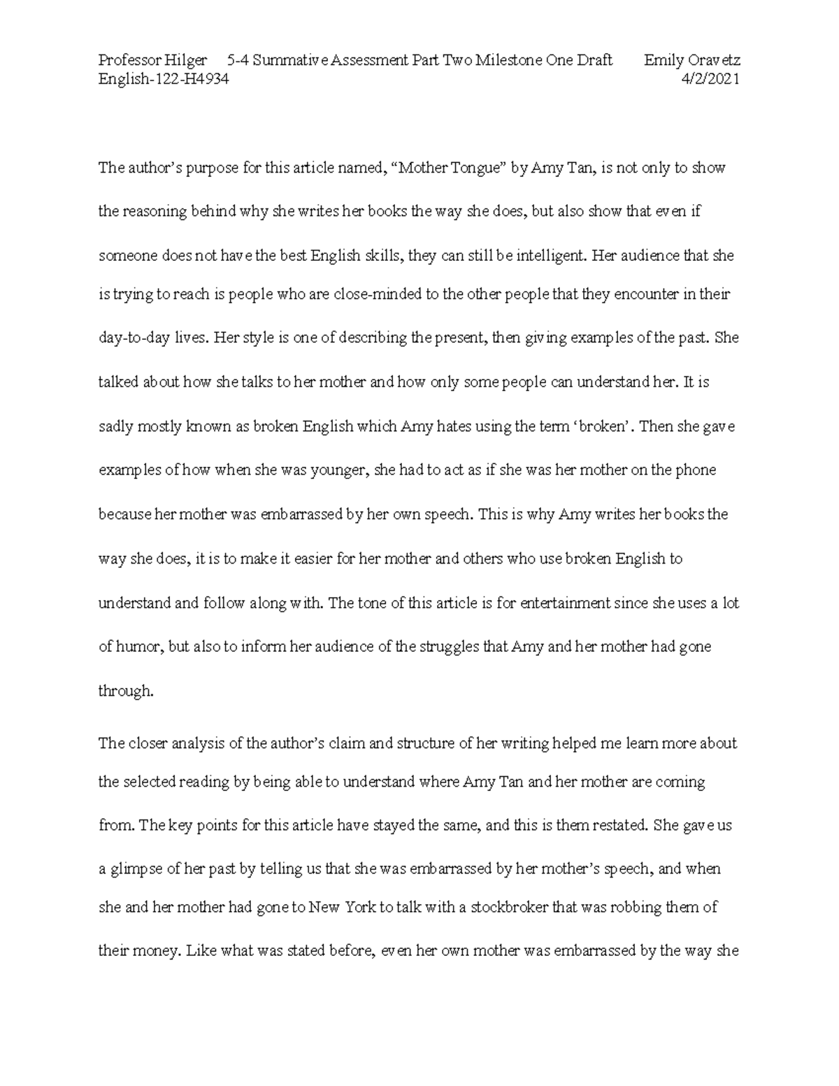 5-4 Summative Assessment Part Two Milestone One Draft Emily Oravetz ...