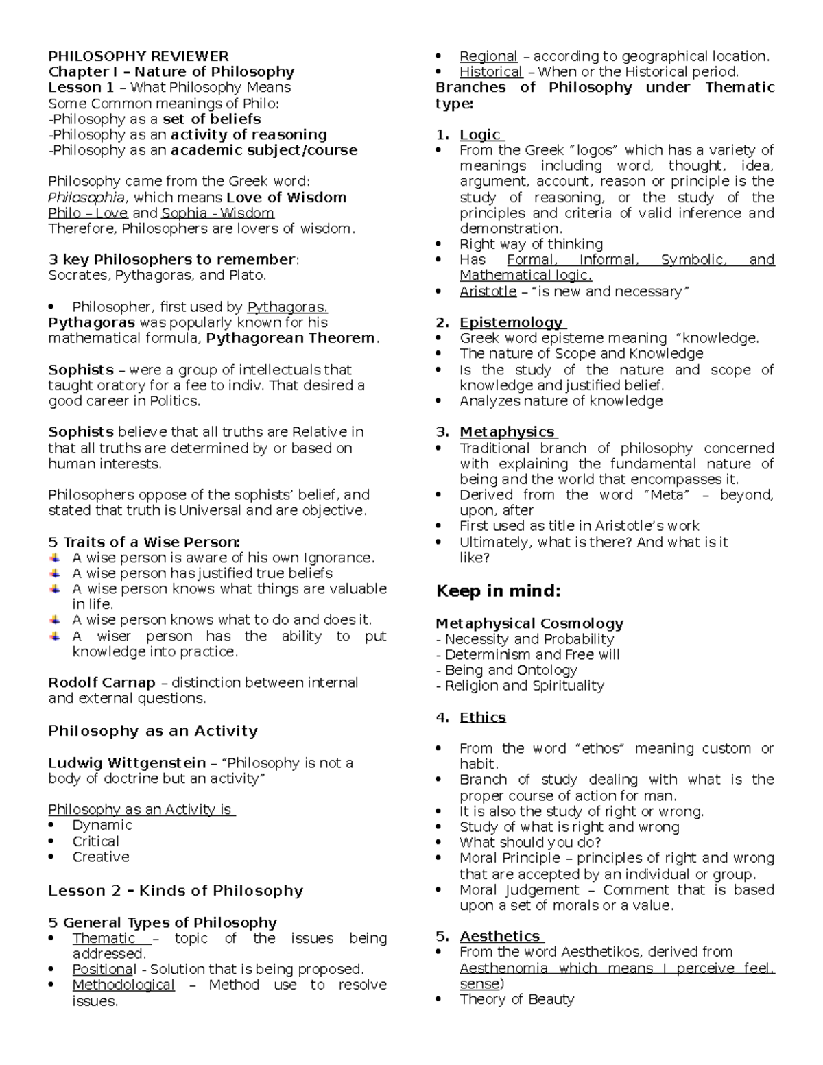 Philosophy Reviewer 1 - REQUESTING FOR A COPY - PHILOSOPHY REVIEWER Chapter I – Nature of ...