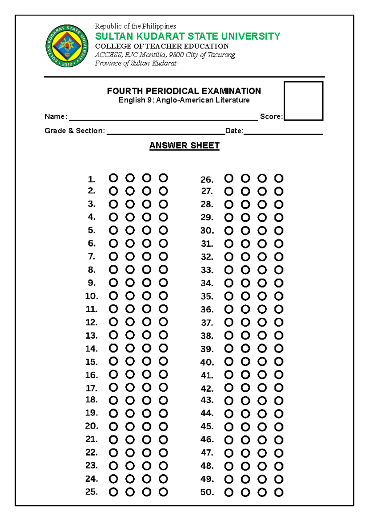 A2 Answer Sheet 50 Items - Assessment of Learning - Republic of the ...