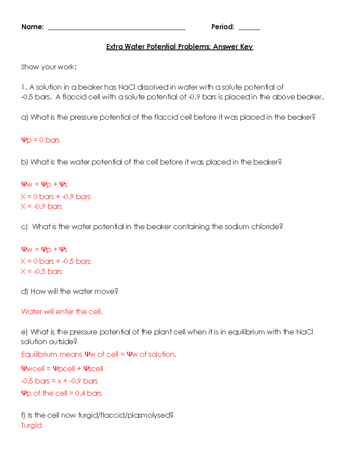 Water Potential Practice Questions 2- Answers - Name ...