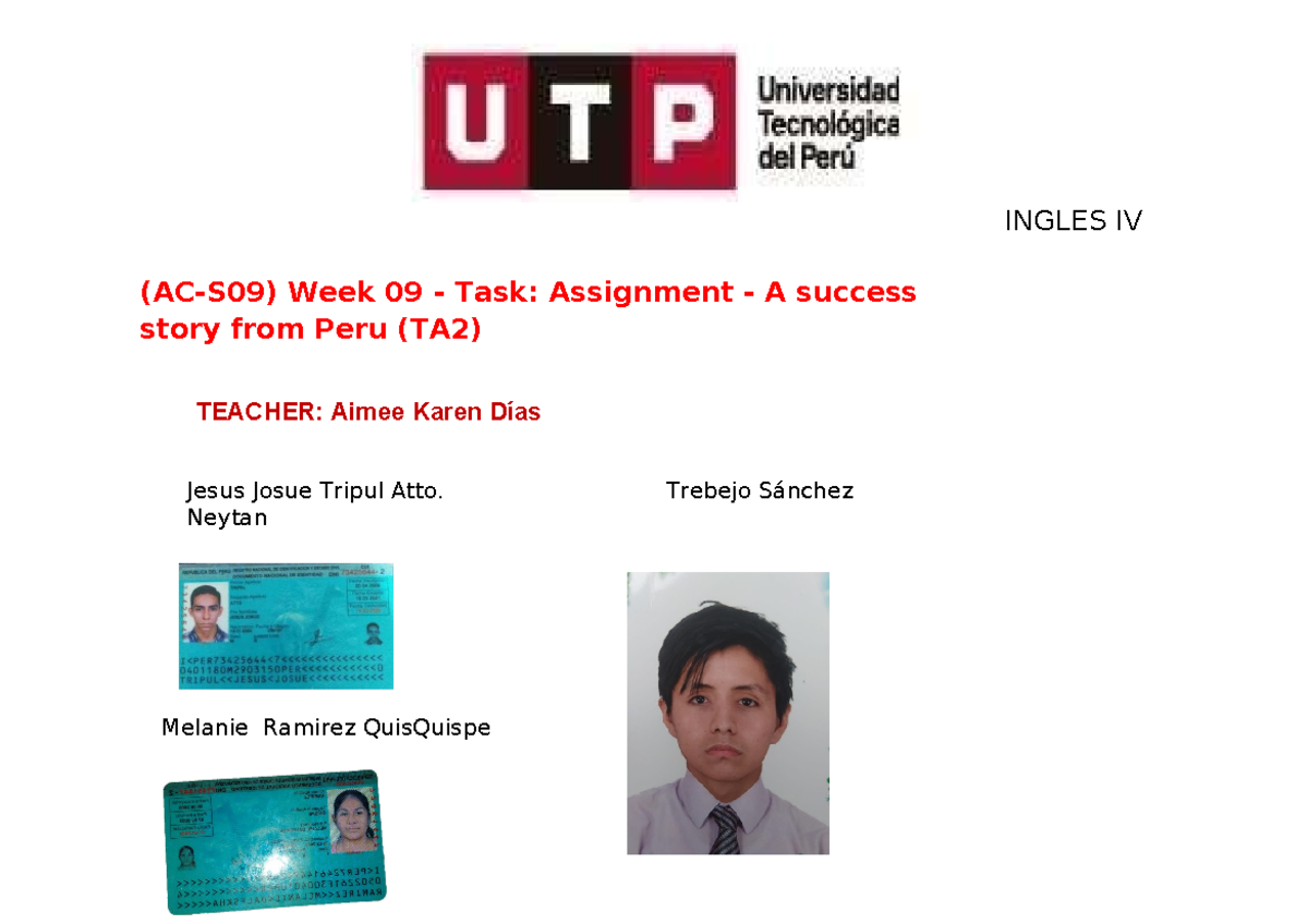 Caratula de ingles TA2 - Ingles IV - (AC-S09) Week 09 - Task: Assignment - A success story from ...