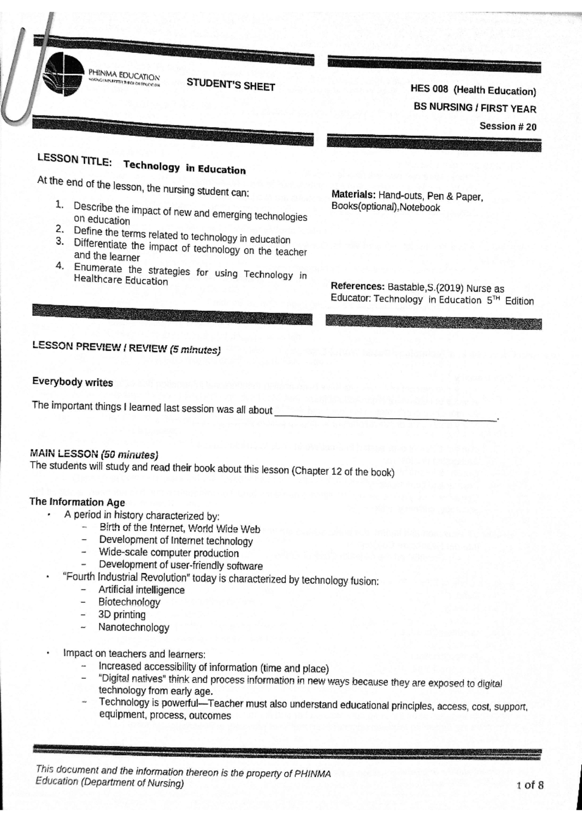 HES 008 SAS20 - HEALTH EDUC - PHINMA EDUCATION SHEET HES 008 (Health Education) BS NURSING FIRST ...