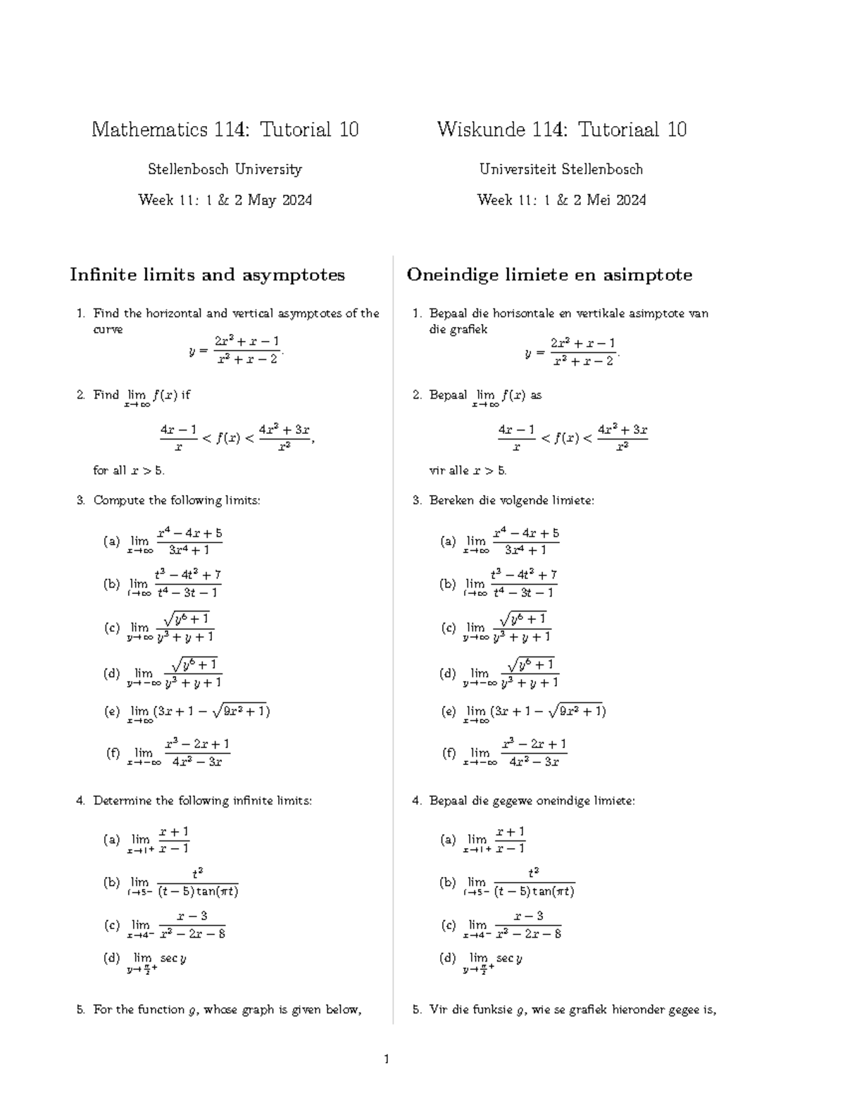 Tut 10 - Mathematics 114: Tutorial 10 Stellenbosch University Week 11: 1 & 2 May 2024 Wiskunde ...
