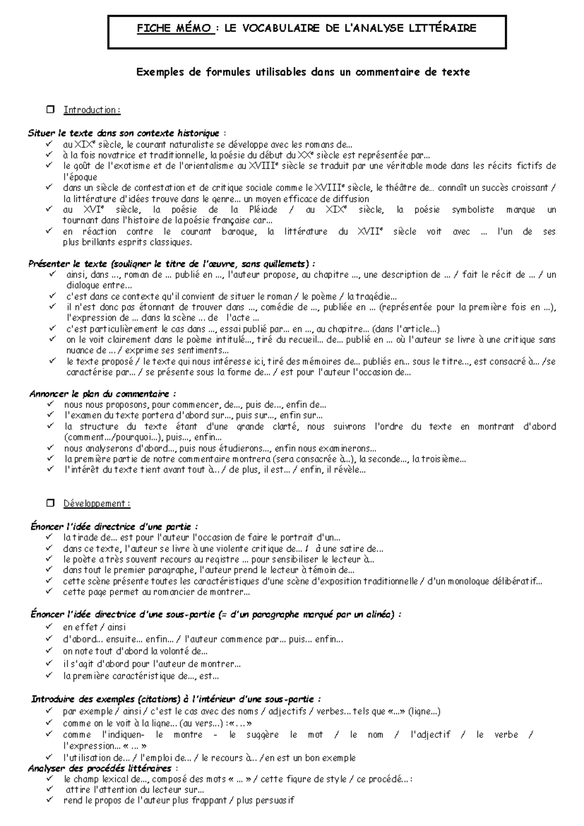 05 Le vocabulaire de lanalyse littéraire - Exemples de formules utilisables dans un commentaire ...