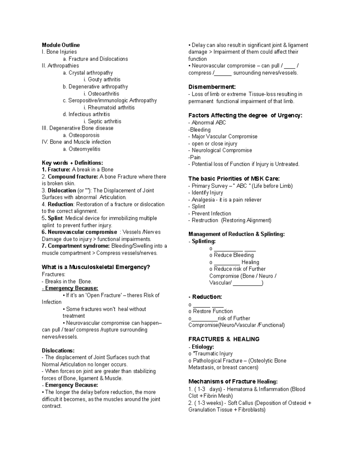 M3 Patho - lecture notes - Module Outline I. Bone Injuries a. Fracture ...