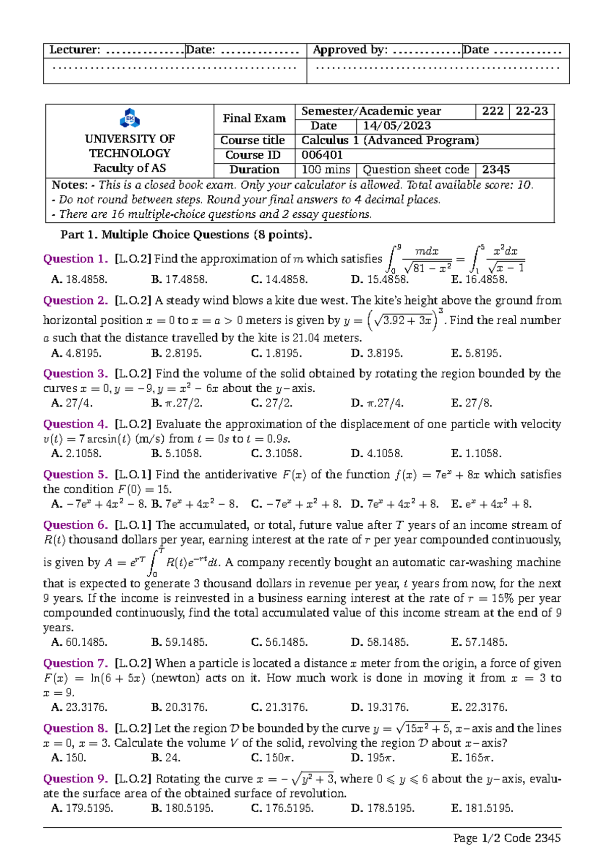 Final Exam Cal1 222 2345 - Lecturer:............... Date:............... Approved by ...