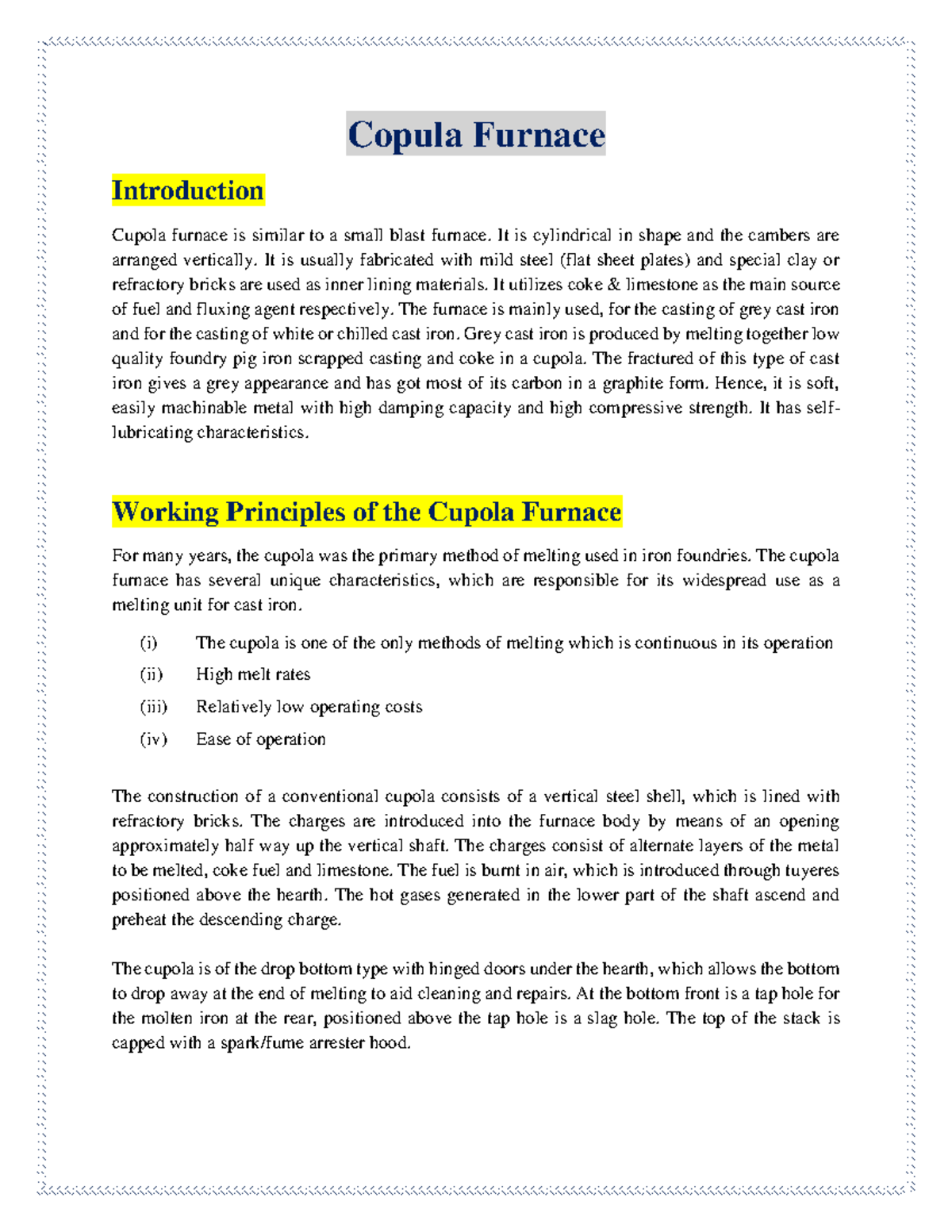 DT of Furnace - An assignment of lab - Copula Furnace Introduction Cupola furnace is similar to ...