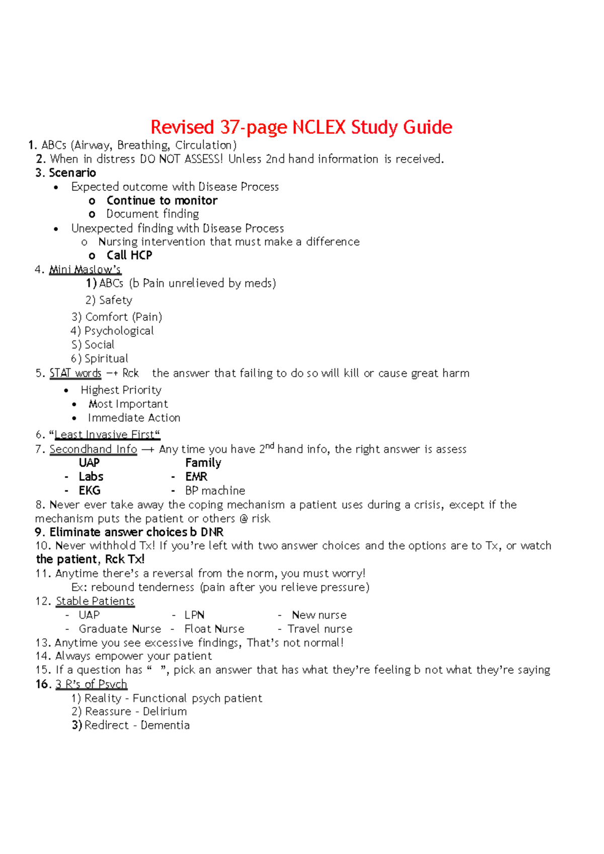 Tips Nclex - Revised 37-page NCLEX Study Guide 1. ABCs (Airway, Breathing, Circulation) 2. When ...