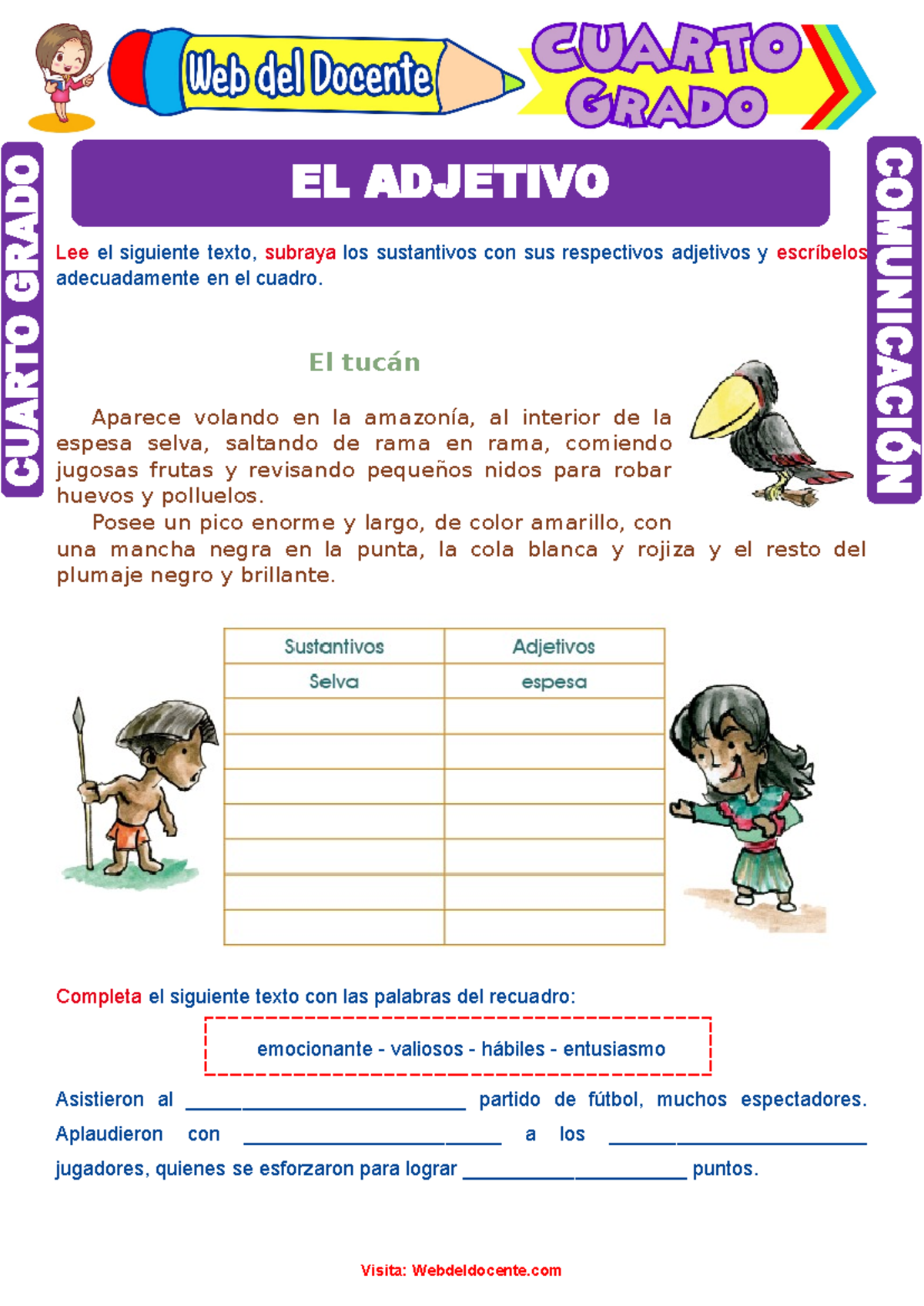 Clases de Adjetivos para Cuarto Grado de Primaria - Lee el siguiente ...