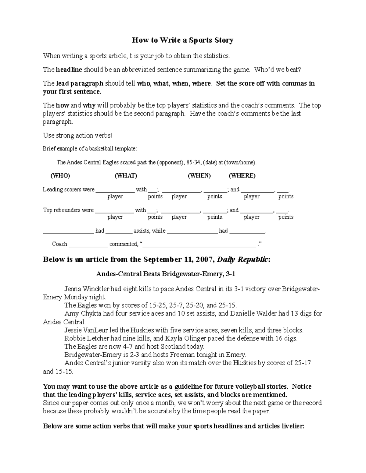 How to Write a Sports Story - The headline should be an abbreviated ...