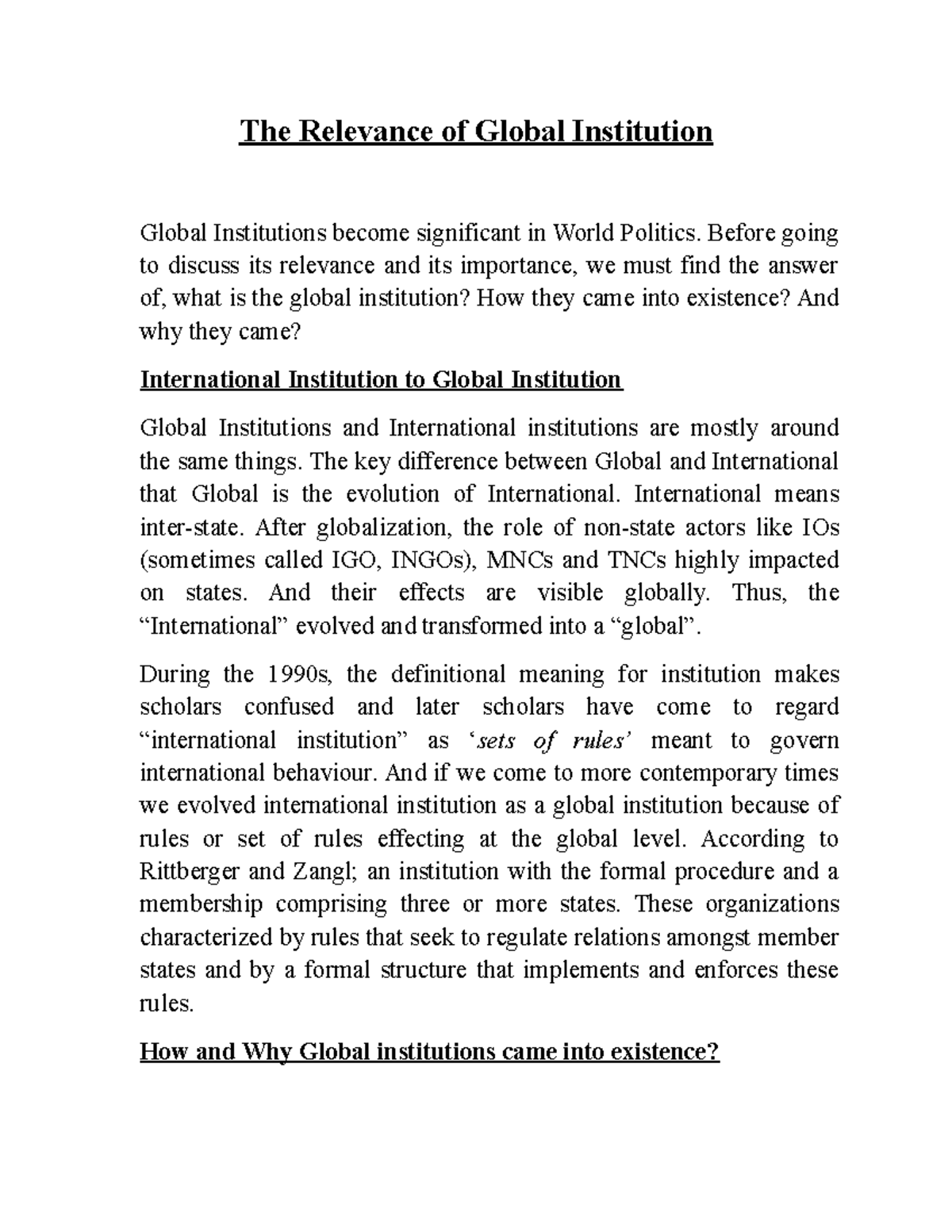 The Relevance of Global Institution in Globalisation - Political ...