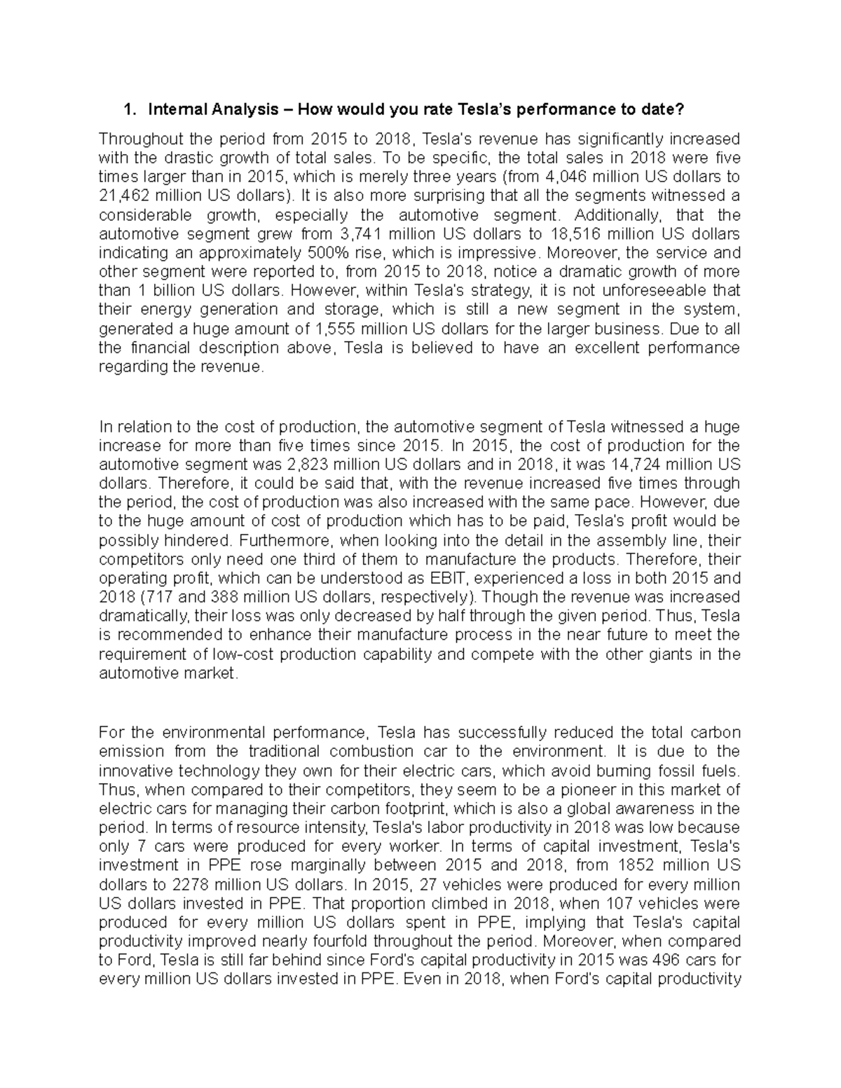Trinh To Tesla Case - 1. Internal Analysis – How would you rate Tesla’s ...