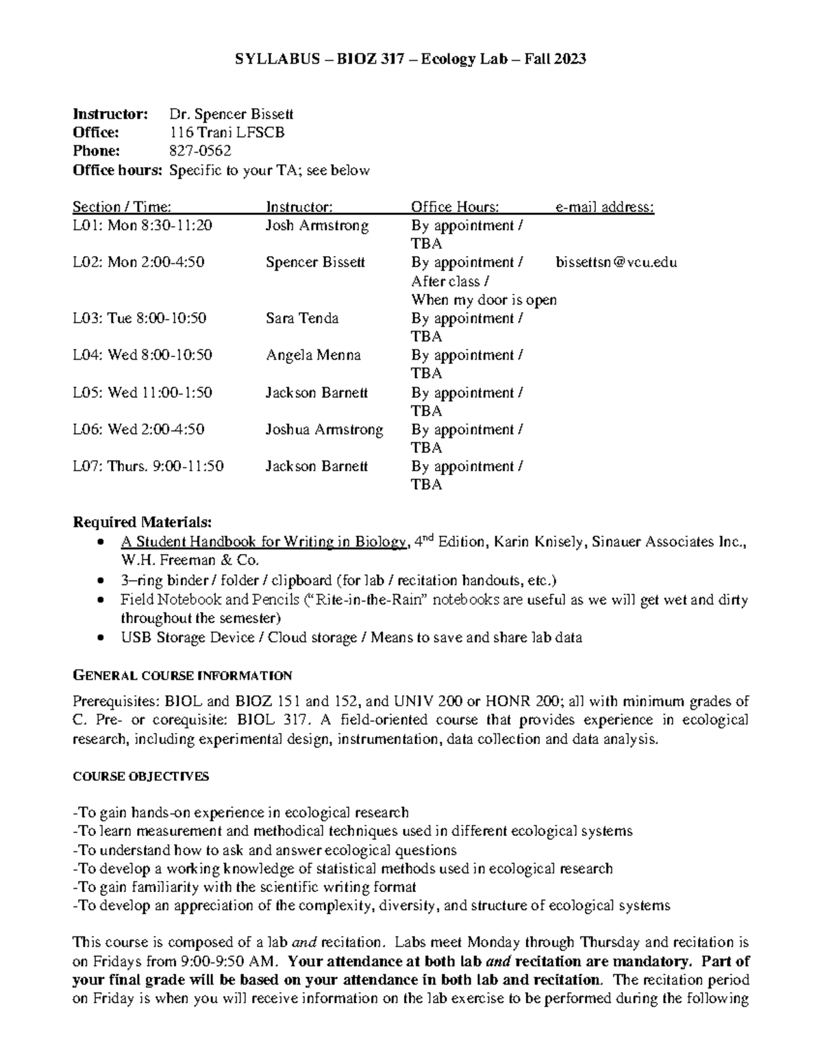 Fall 2023 Lab Syllabus - SYLLABUS – BIOZ 317 – Ecology Lab – Fall 2023 ...