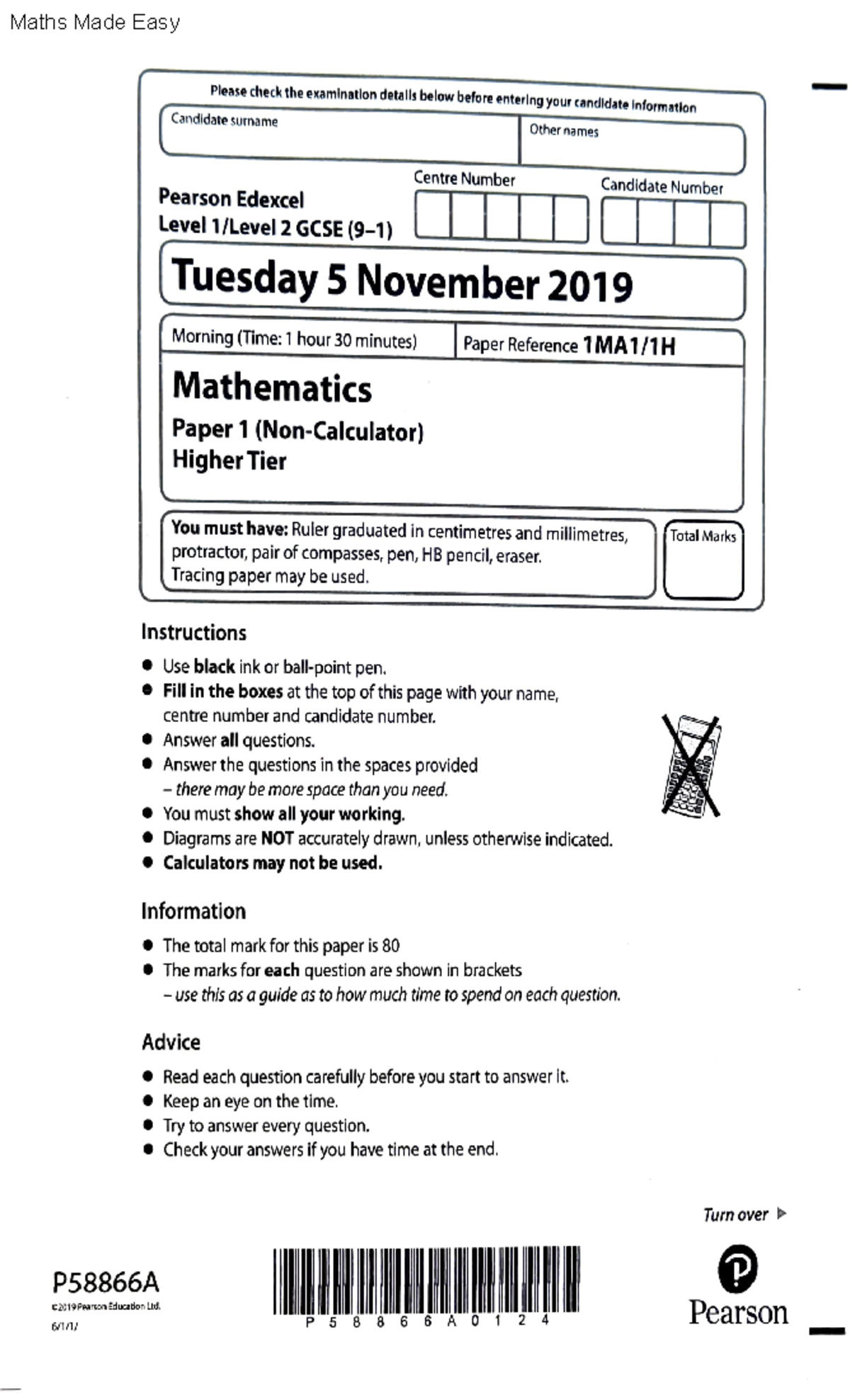Edexcel-GCSE-Maths-Higher-Paper-1-2019 - Please check the examlnation detalls below before ...