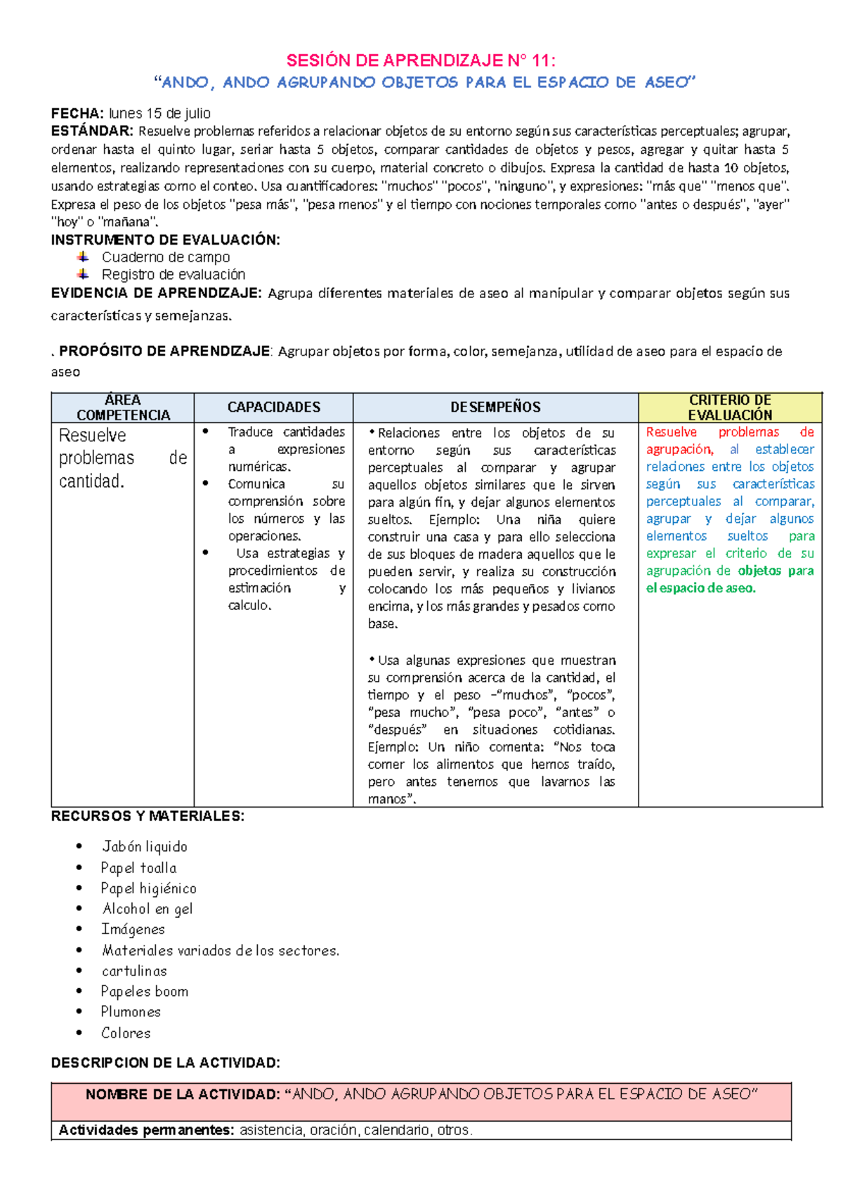 Sesión DE Aprendizaje N° ando ando agrupando - SESIÓN DE APRENDIZAJE N° 11: “ANDO, ANDO ...