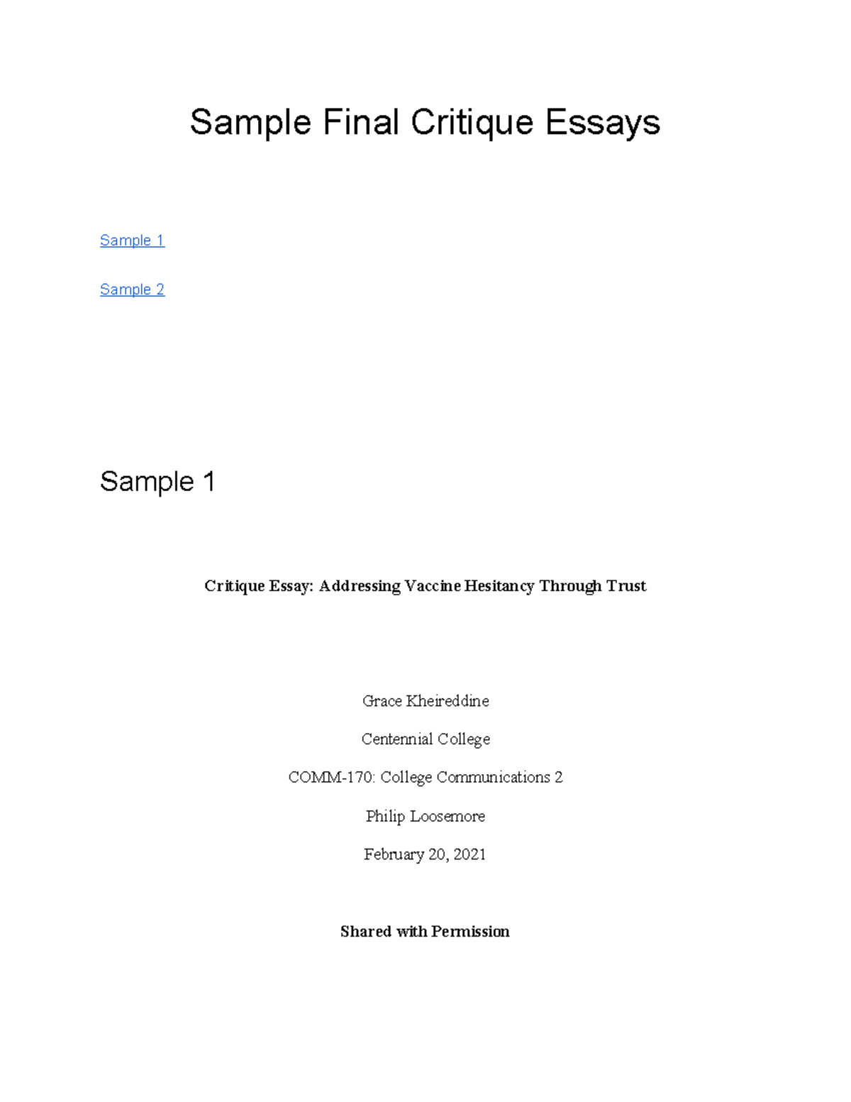 Sample Critique Essays Revised (2021) - Sample Final Critique Essays ...