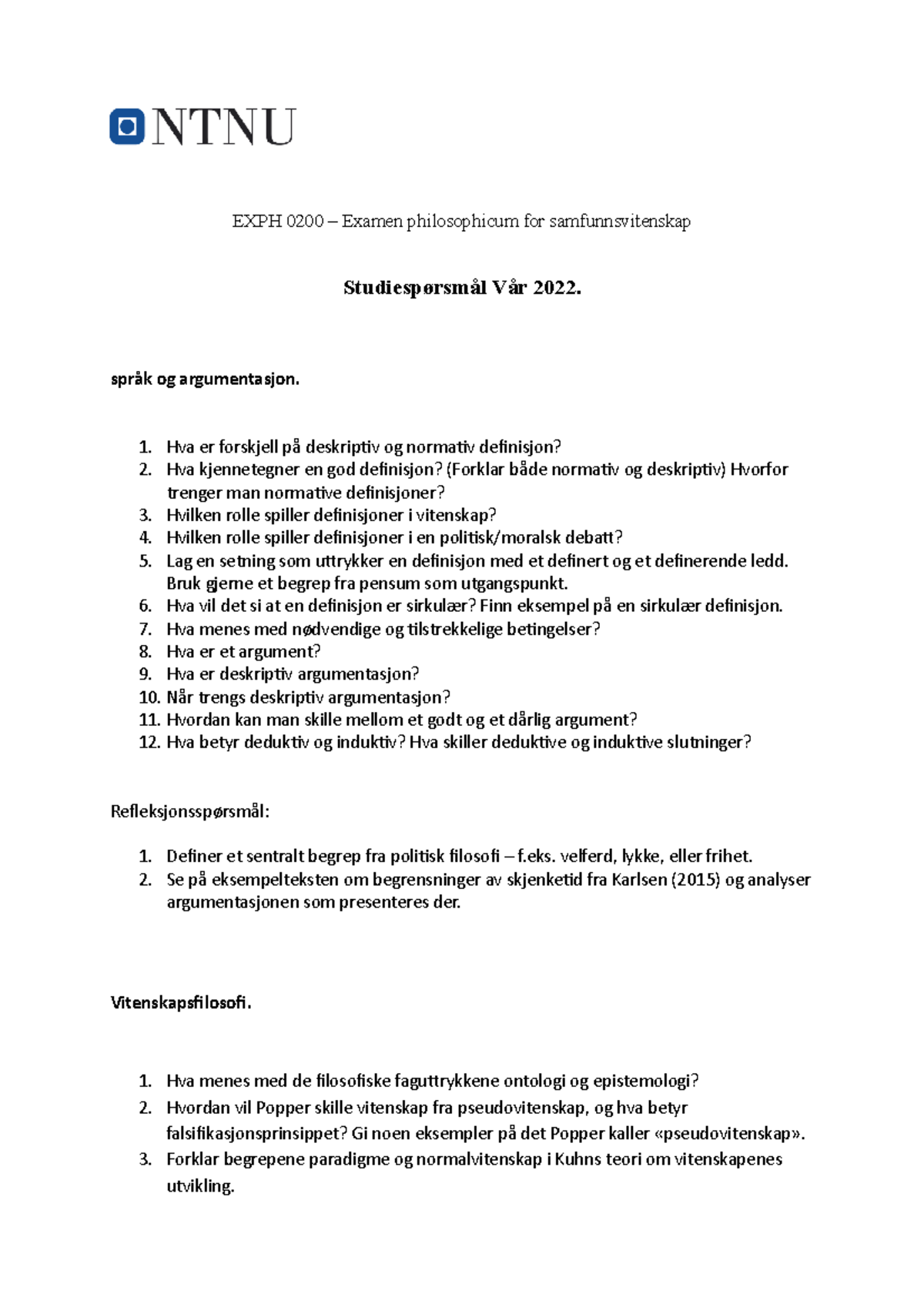 Studiespørsmål EXPH0200 V22 Oppdatert - EXPH 0200 – Examen philosophicum for samfunnsvitenskap ...