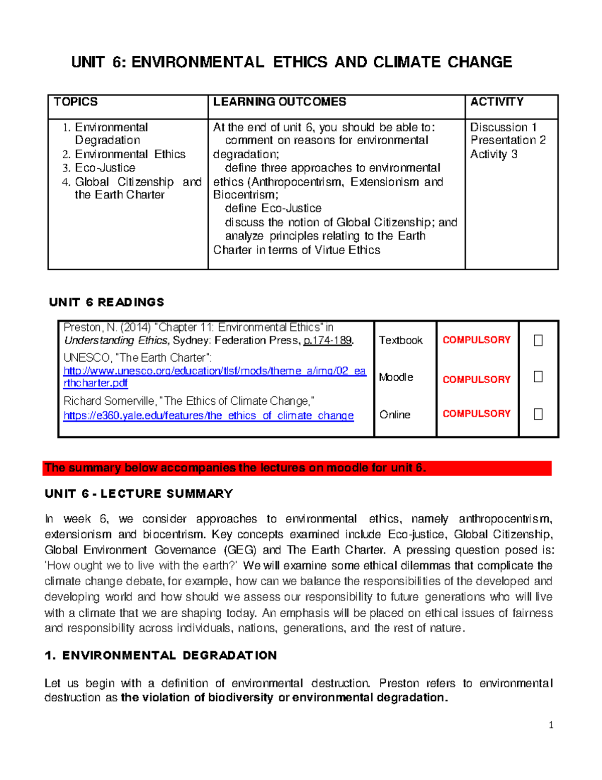 UU200 Unit 6 - 2020 - climate change - UNIT 6: ENVIRONMENTAL ETHICS AND ...