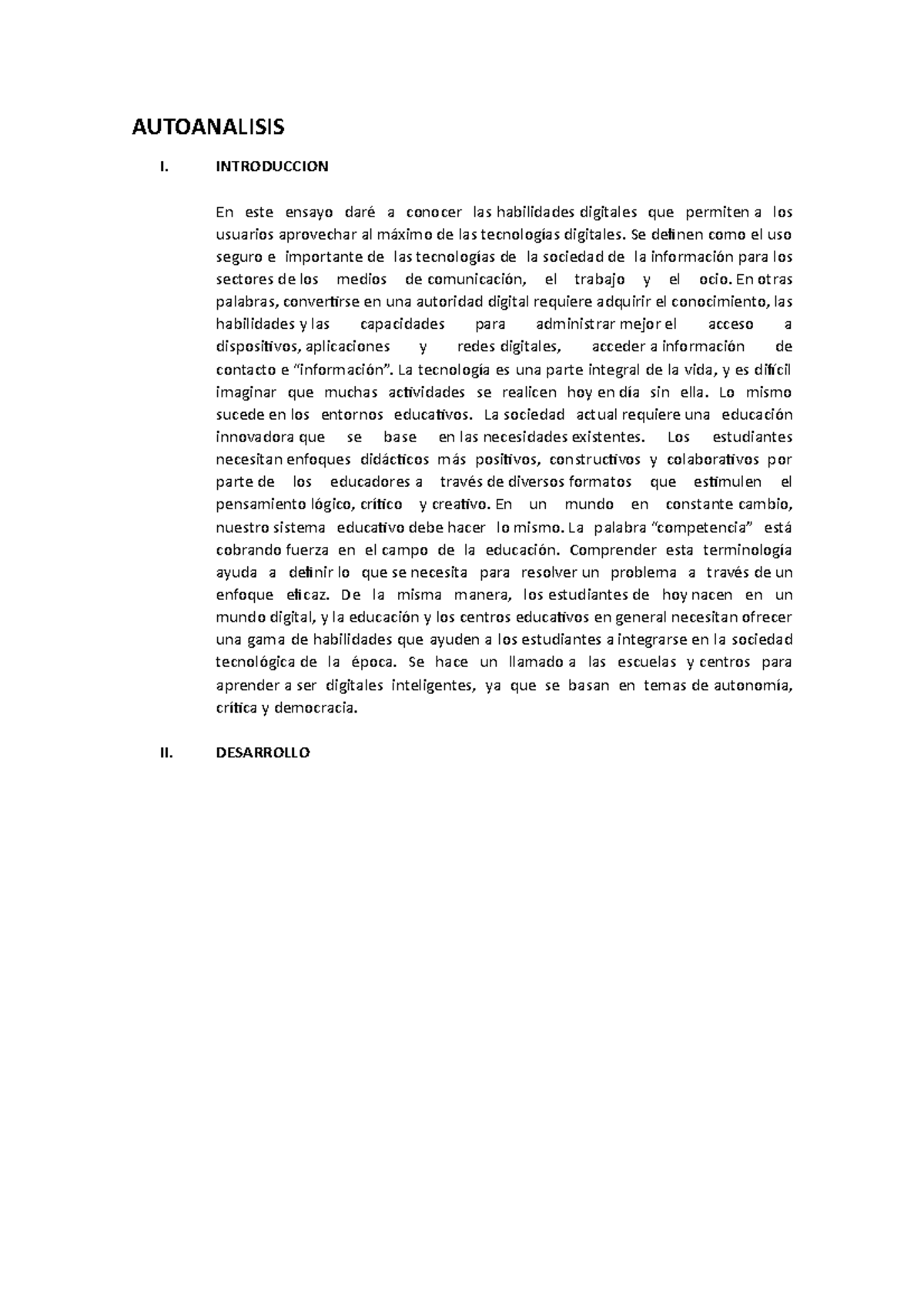 Autoanalisis - DIEGO ALVAREZ - AUTOANALISIS I. INTRODUCCION En este ...