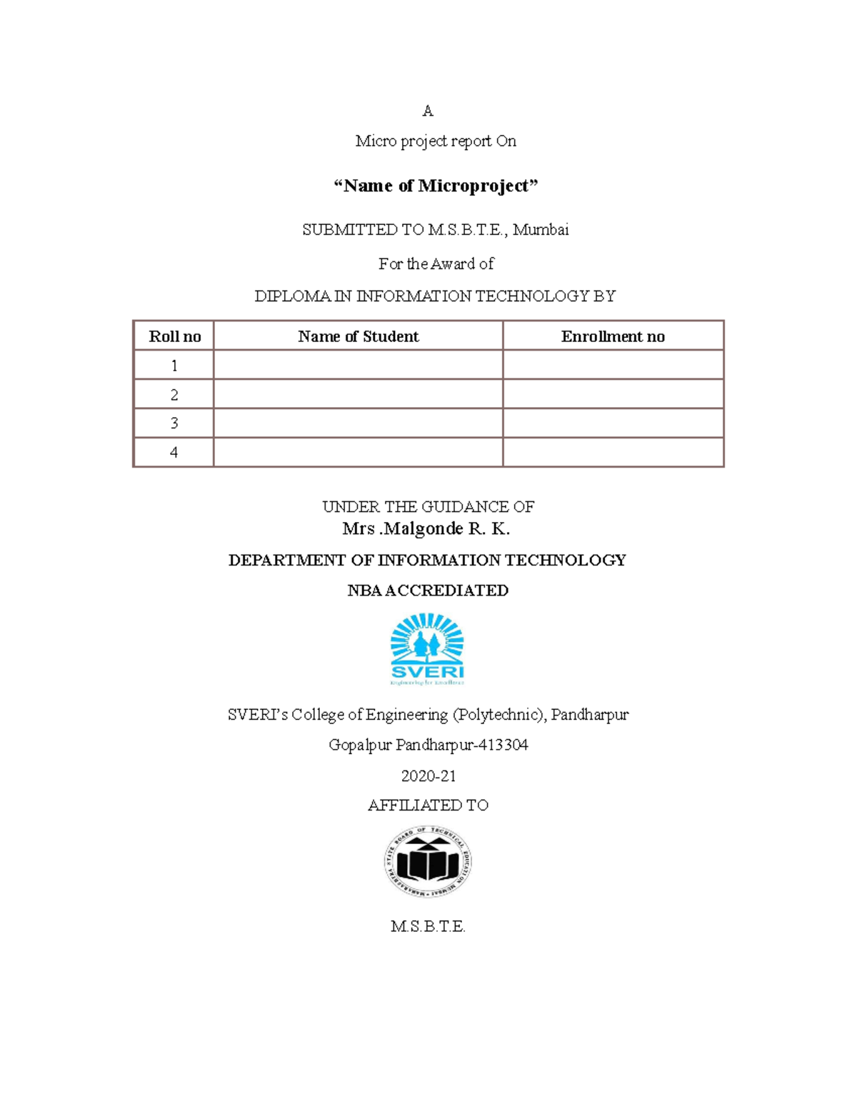 Microproject Format A Micro Project Report On Name Of Microproject” Submitted To Msbt