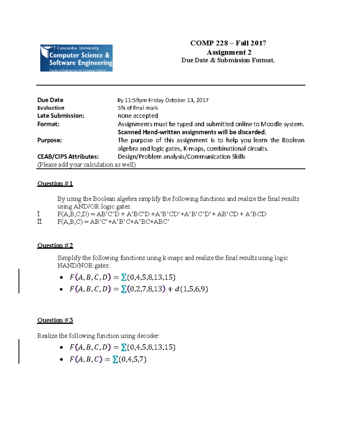 Assignment 2 v2 - COMP 228 – Fall 2017 Assignment 2 Due Date & Submission Format. Due Date By ...