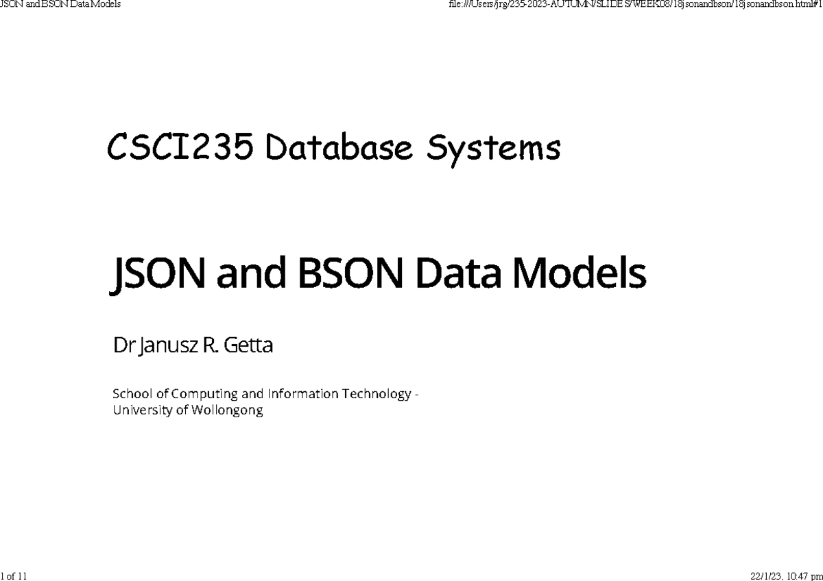 18jsonandbson - Lecture on jsonandbson - CSCI235 Database Systems JSON ...