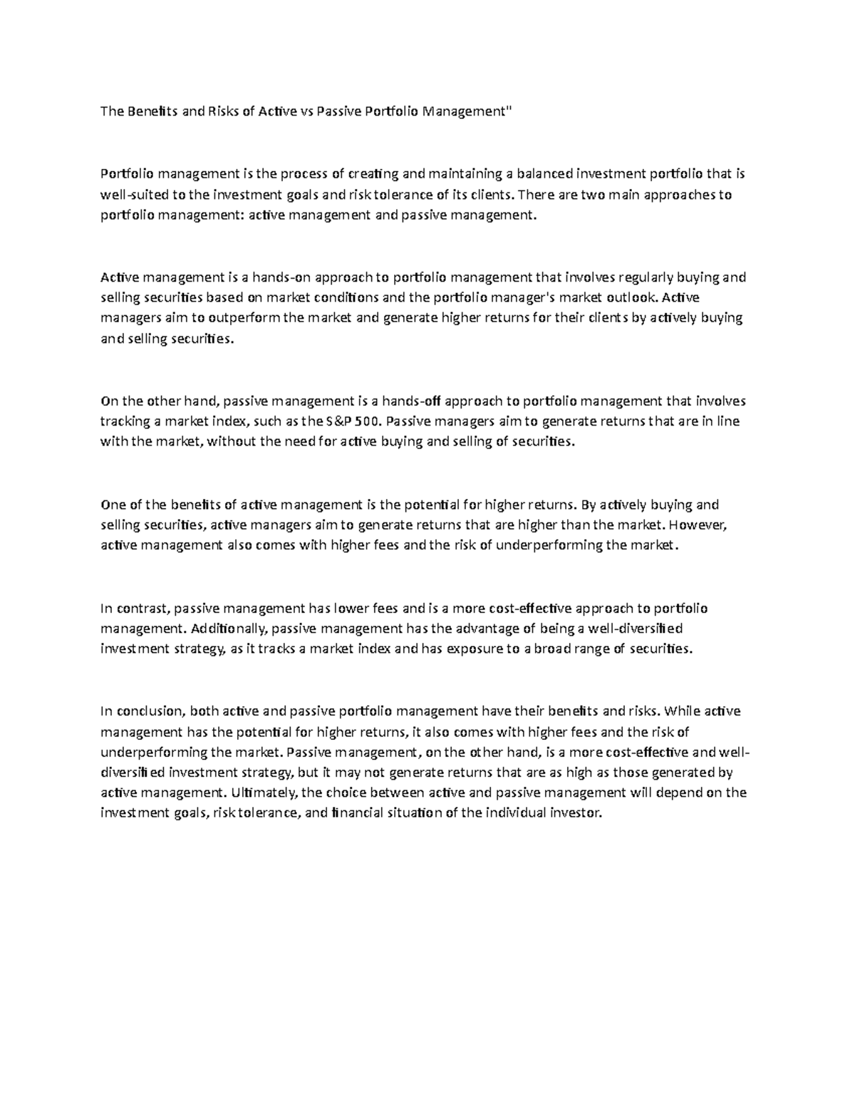 The Benefits and Risks of Active vs Passive Portfolio Management - The ...