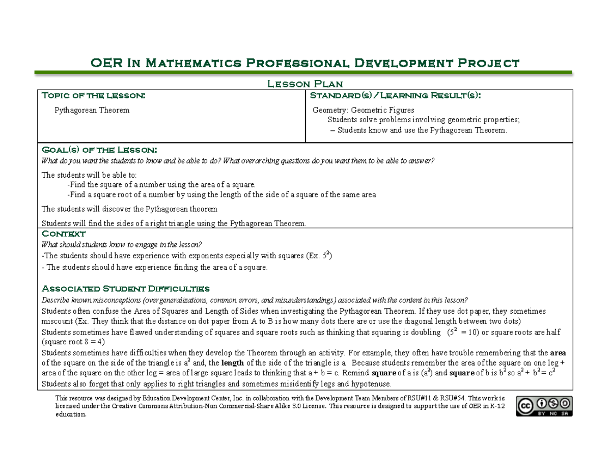 Pythag Theorem detailed Lesson plan Grade 9 - This resource was ...