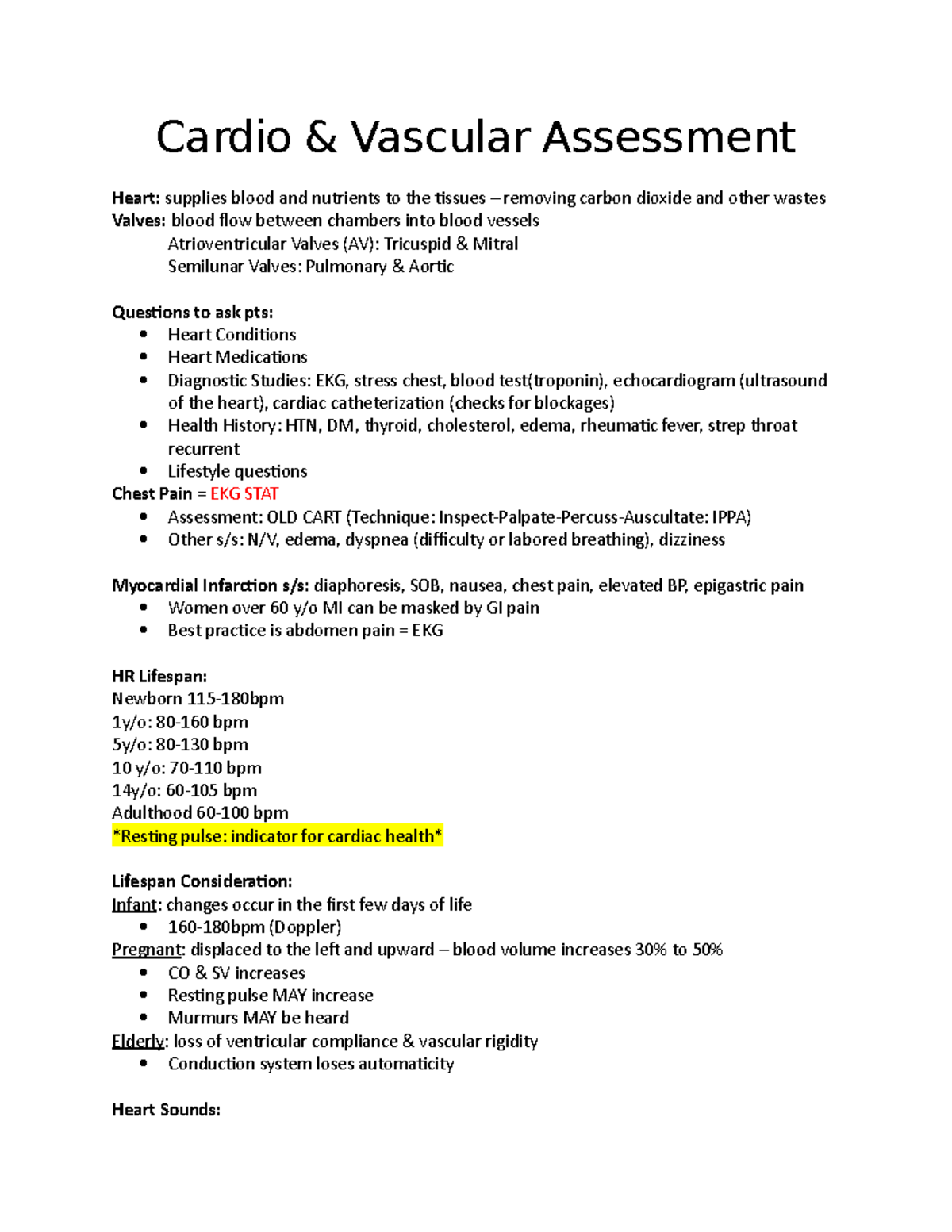 NURS190 Physical Assessment Cardio and Vascular - Cardio & Vascular ...