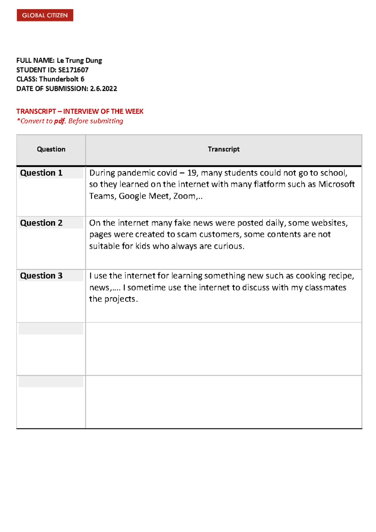 04 – Le Trung Dung – Thunderbolt 6 – SE171607 - Transcript (Week 2) - FULL NAME: Le Trung Dung ...