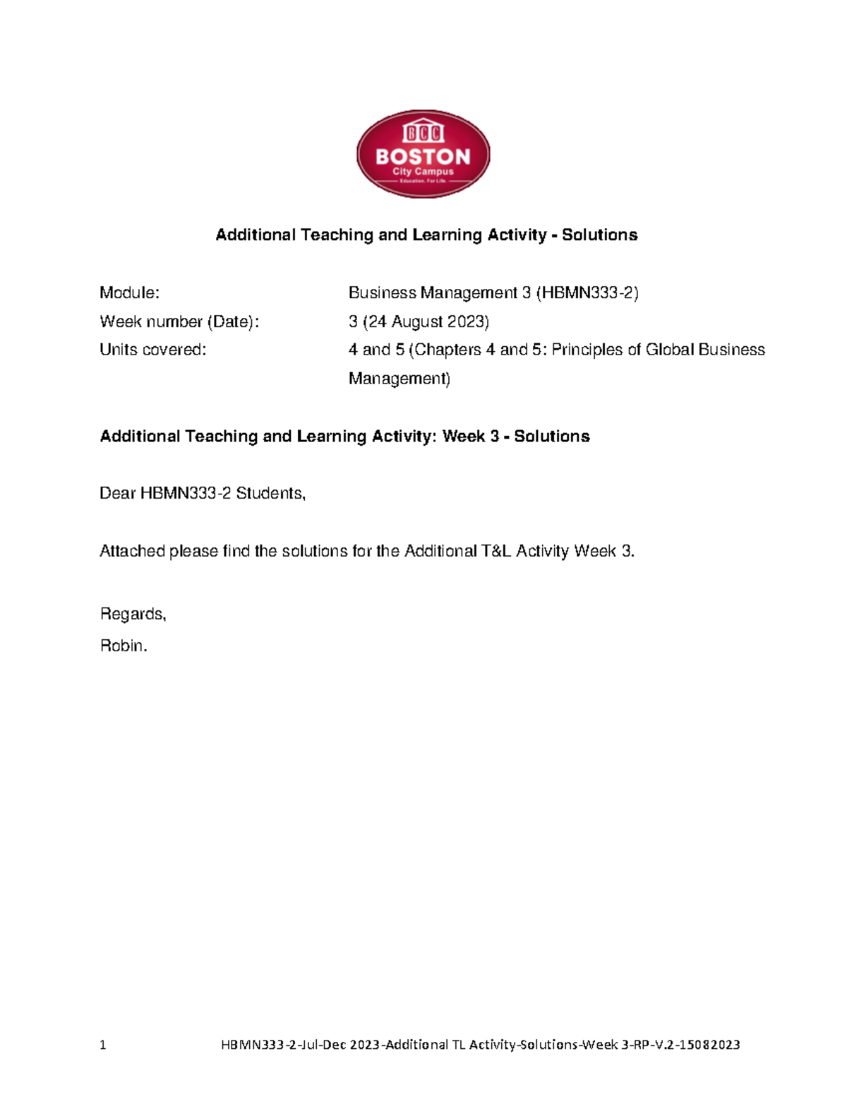 HBMN333-2-Jul-Dec 2023-Additional TL Activity-Week 3-Solutions-RP-V.2-15082023 - Additional ...