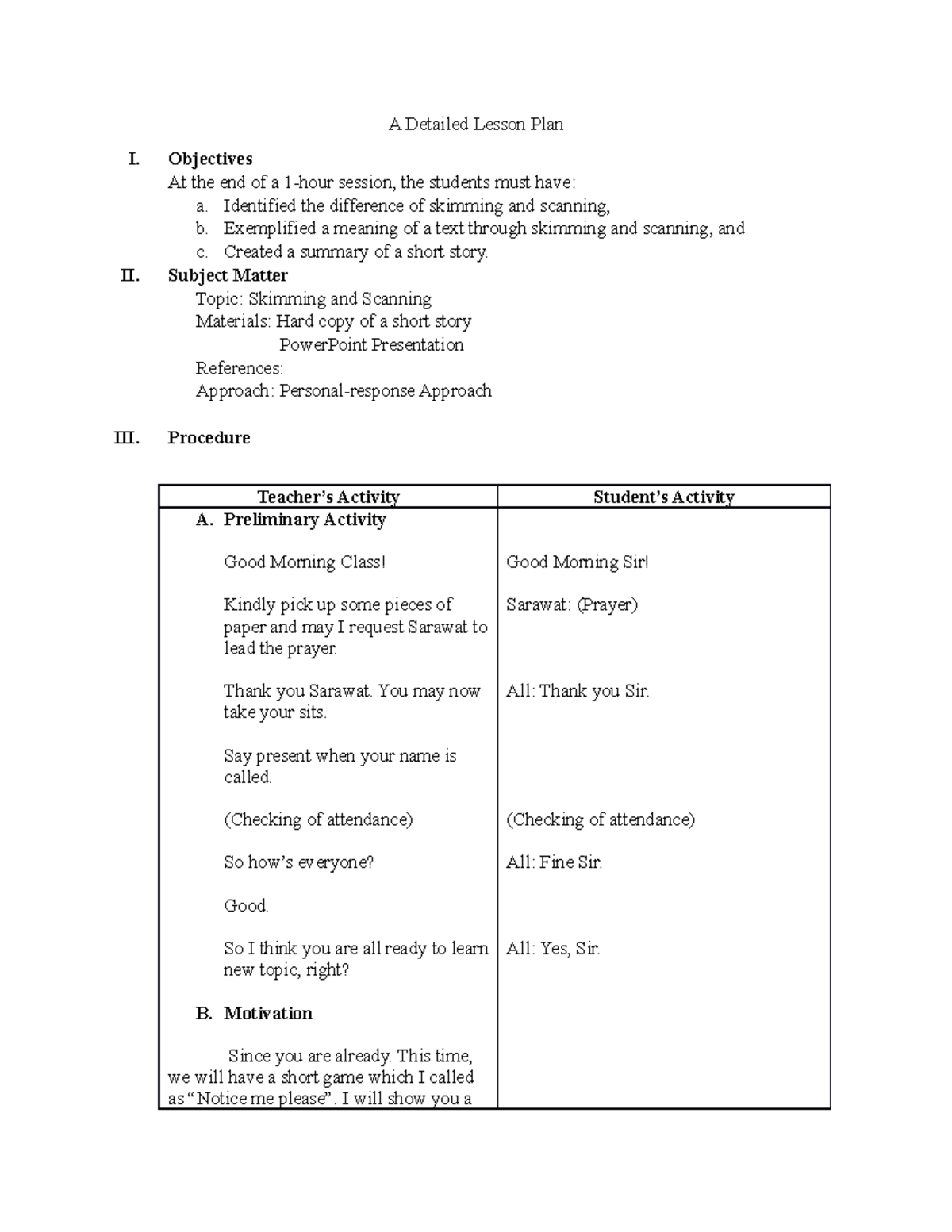 A Detailed Lesson Plan English 76 - A Detailed Lesson Plan I ...