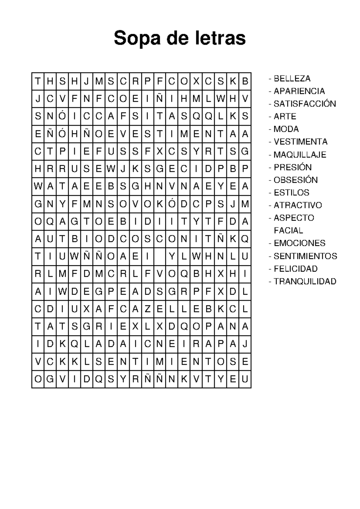 Aspecto Estético - Tema superación personal - Sopa de letras T H S H J ...