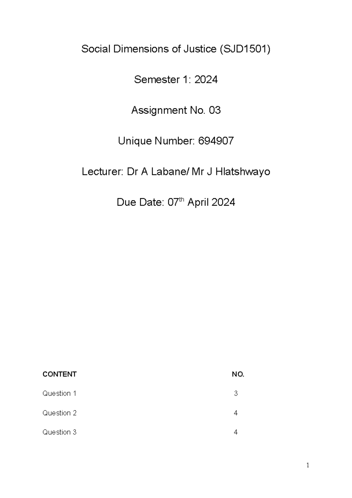 SDJ1501 - Assignment 3 - Due Date - 07 April 2024 - Marked - Social ...