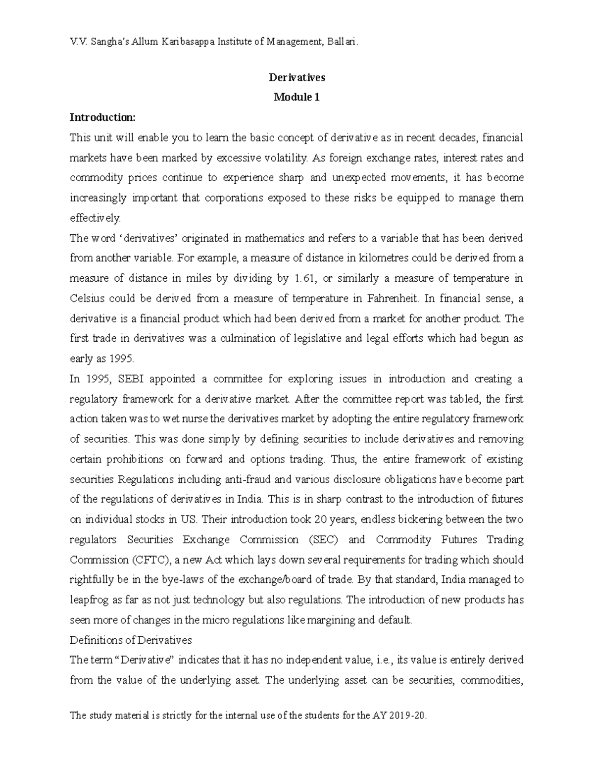 Derivatives Module 1 Notes - Derivatives Module 1 Introduction: This ...