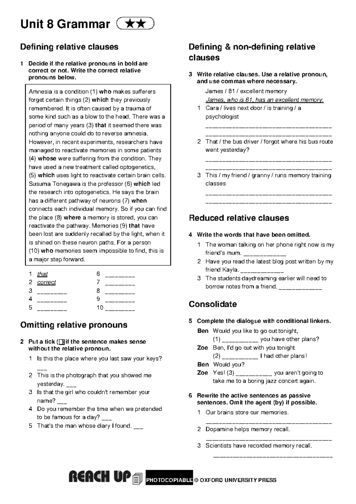 Grammar Unit 8 2star - gvj - Unit 8 Grammar Defining relative clauses 1 Decide if the relative ...