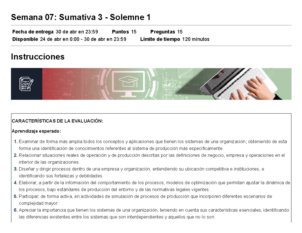 Semana 07 Sumativa 3 Solemne 1 202305 - Semana 07: Sumativa 3 - Solemne 1 Fecha de entrega 30 de ...