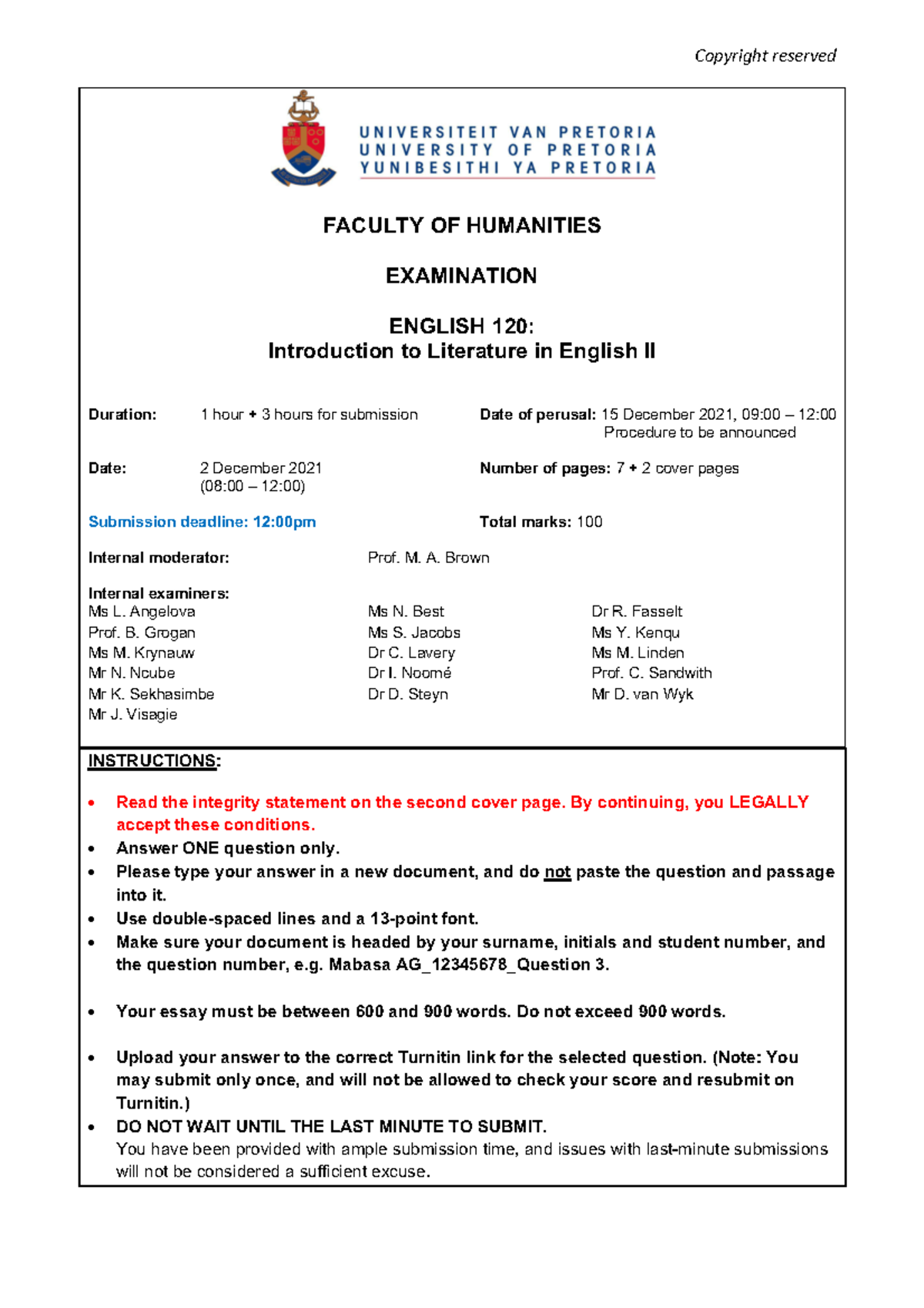 ENG 120 Exam Nov 2021 (1) - FACULTY OF HUMANITIES EXAMINATION ENGLISH 1 ...