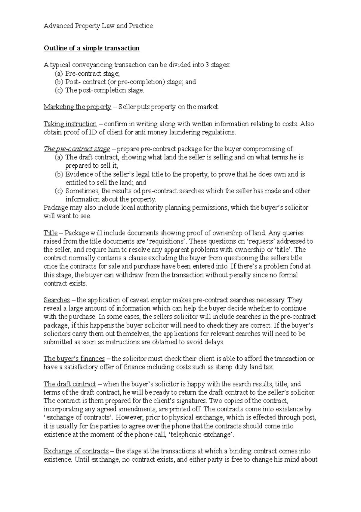 Outline of a simple transaction - Advanced Property Law and Practice ...