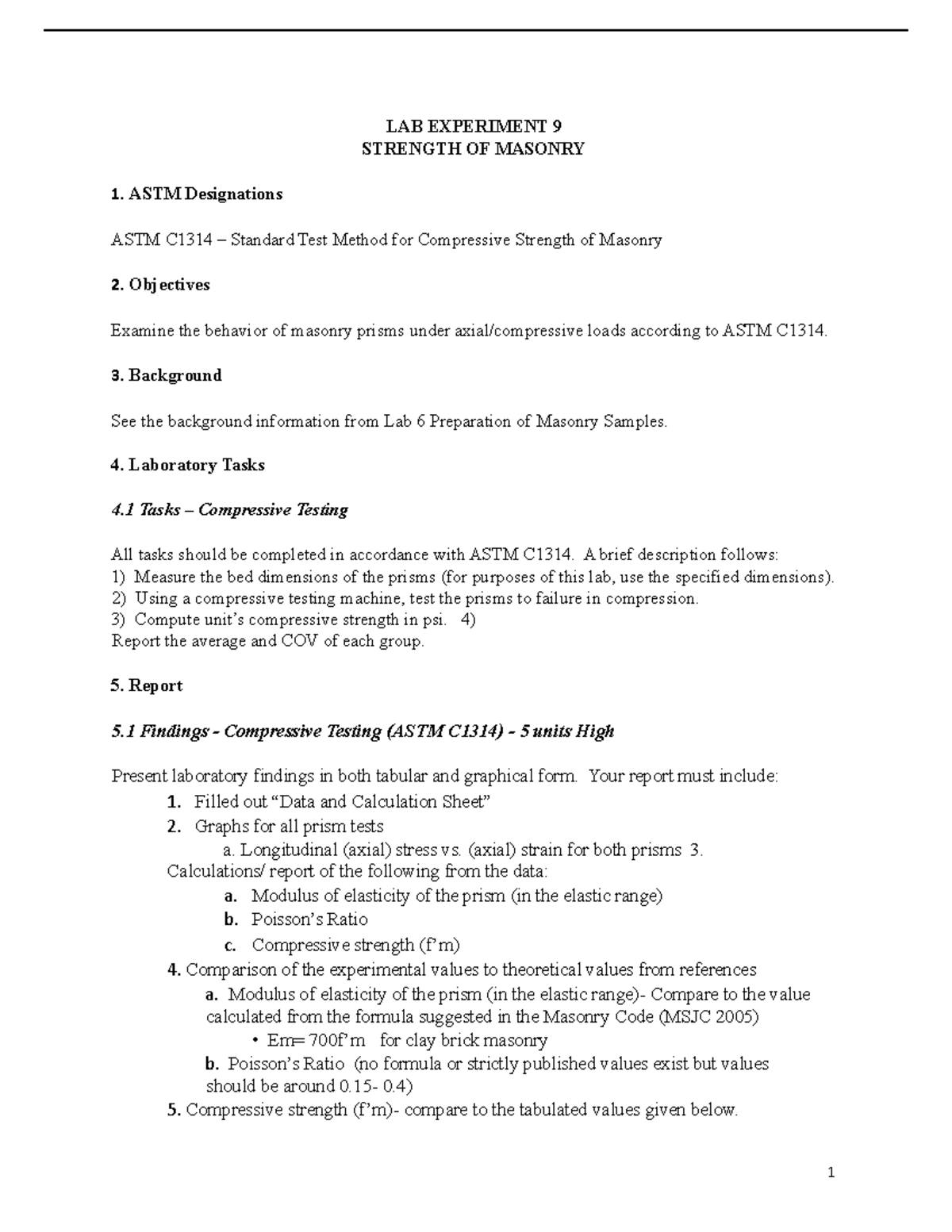 Strength OF Masonry - Lecture Notes - LAB EXPERIMENT 9 STRENGTH OF ...