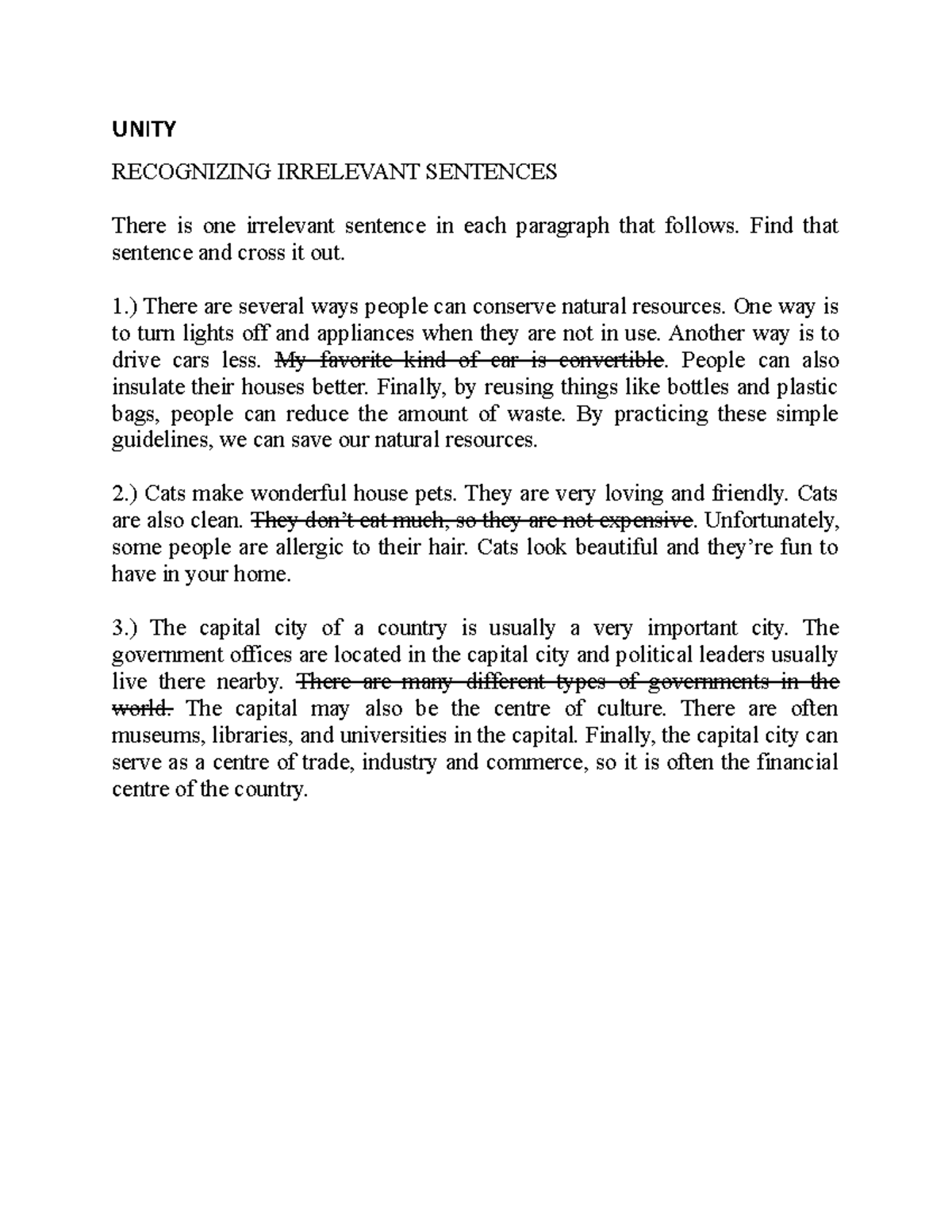 Unity-E-learning - key - UNITY RECOGNIZING IRRELEVANT SENTENCES There ...